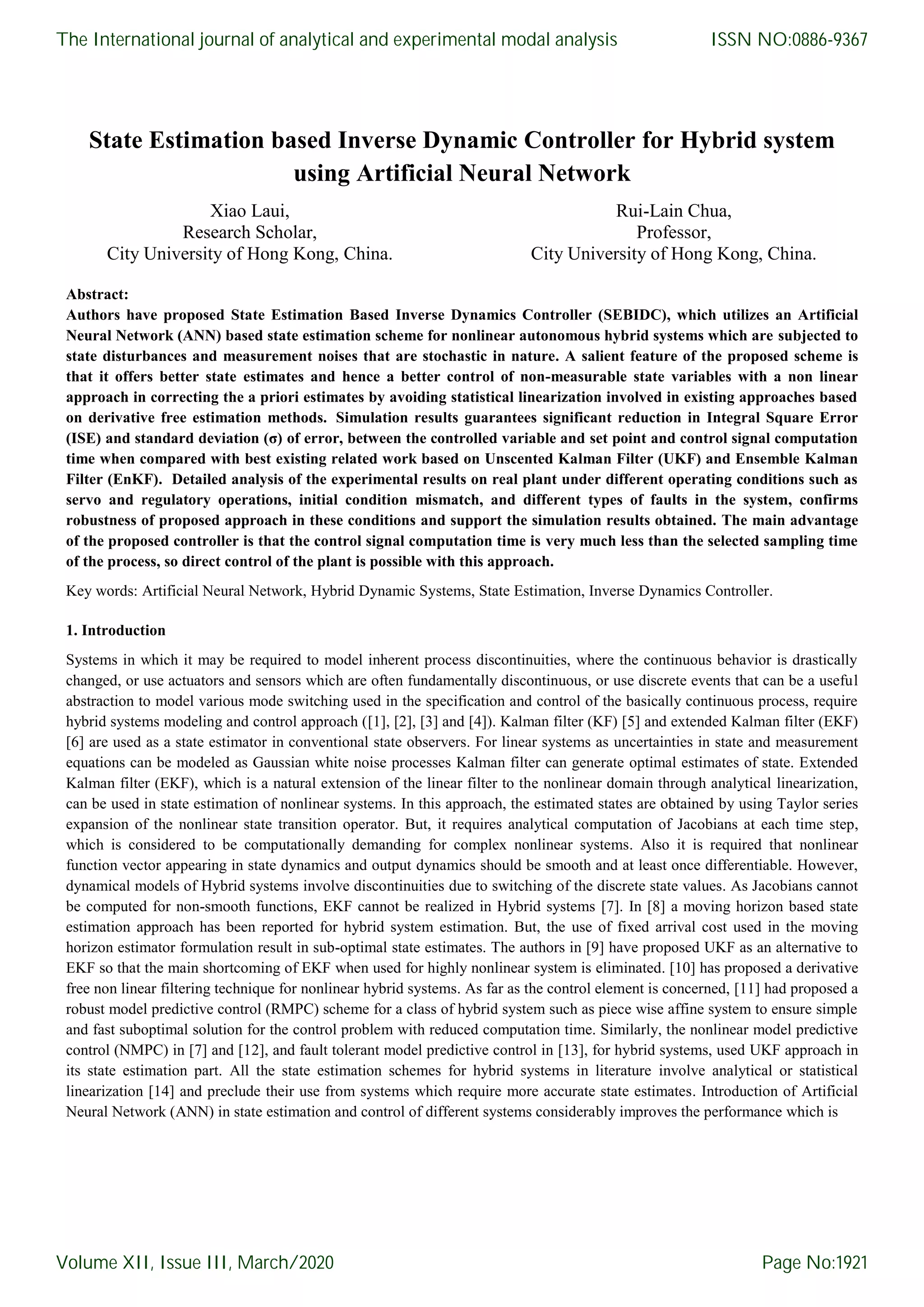 State Estimation Based Inverse Dynamic Controller For Hybrid System Using Artificial Neural