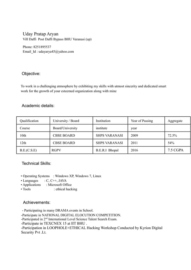 Uday Pratap Aryan Resume | RTF | Computing | Technology & Computing
