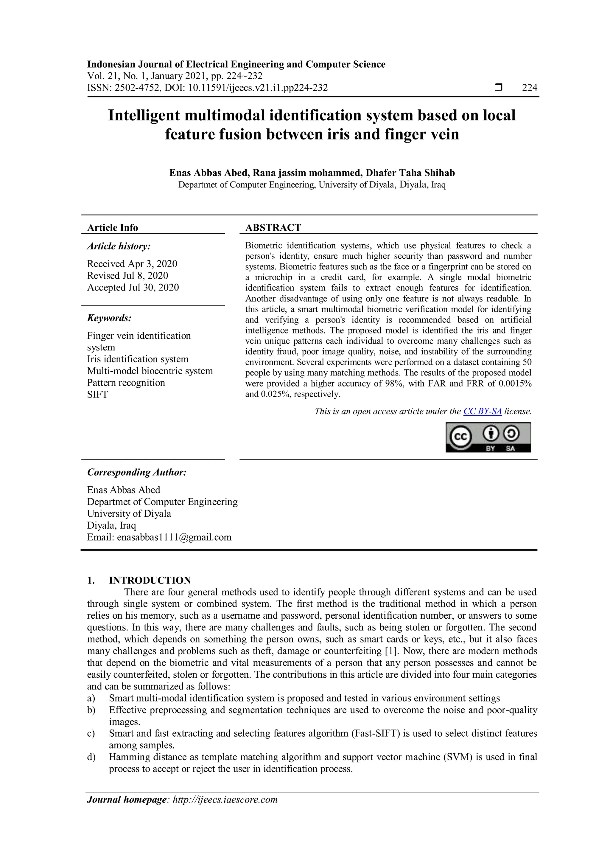 Intelligent multimodal identification system based on local feature fusion between iris and ...