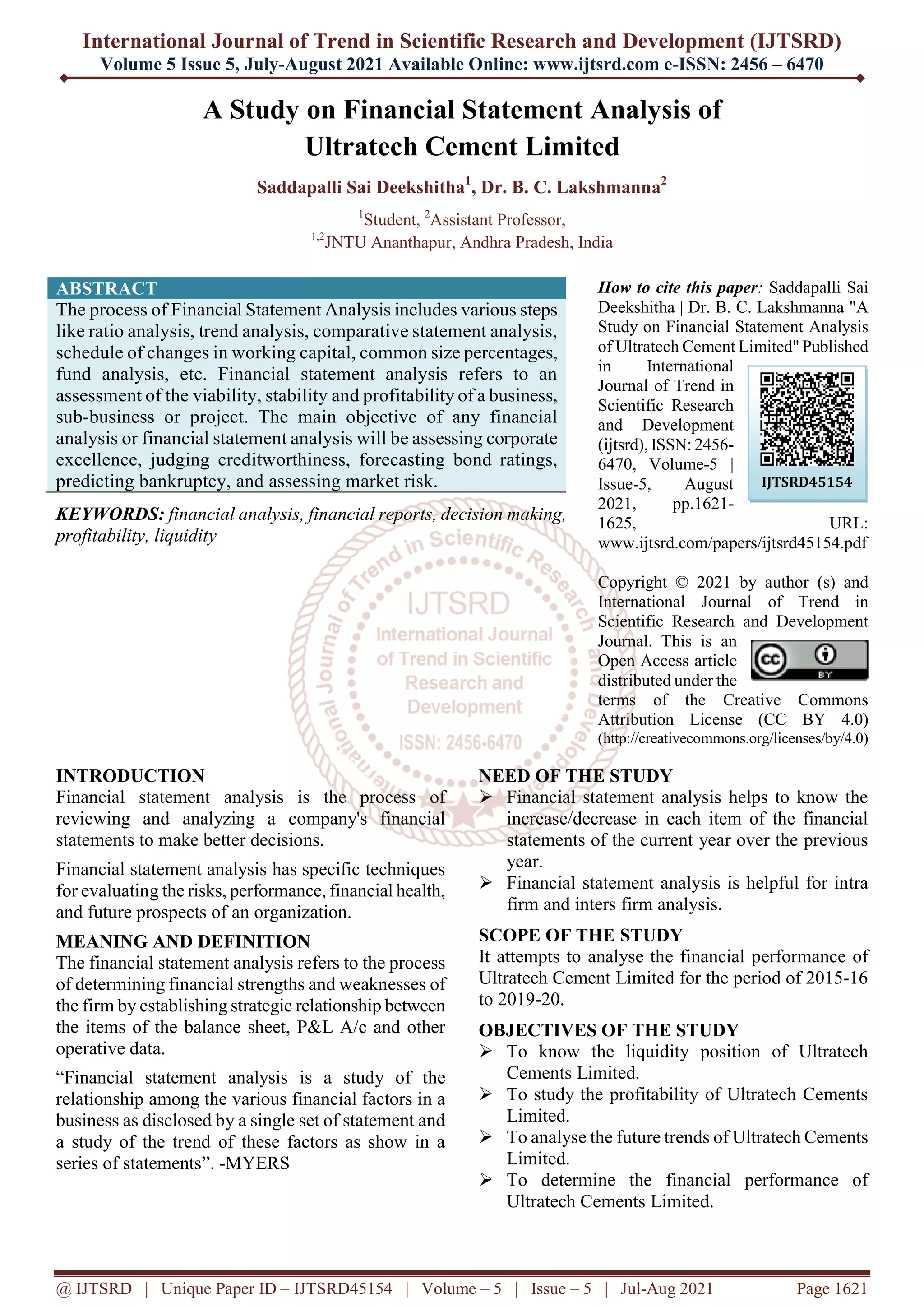 A Study on Financial Statement Analysis of Ultratech Cement Limited | PDF