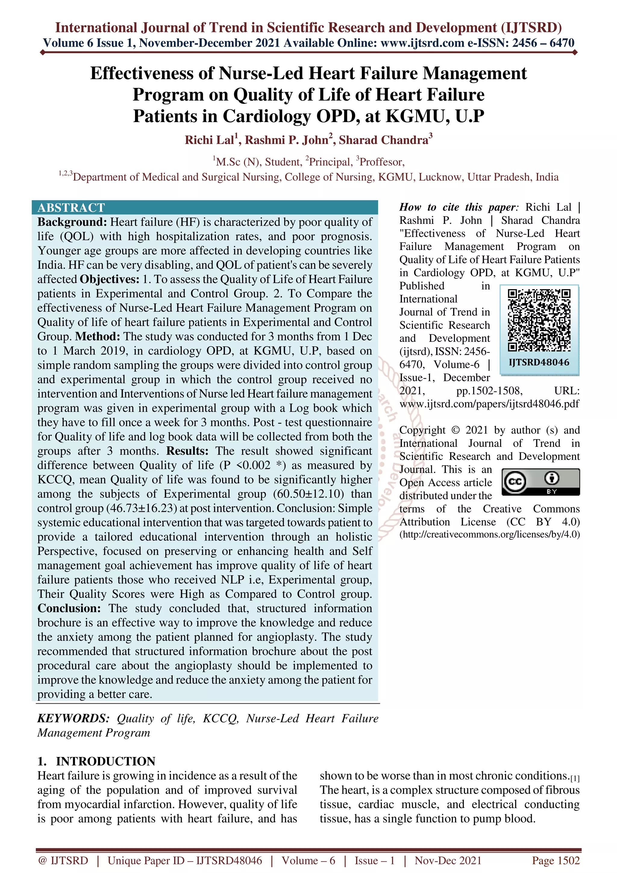 Effectiveness of Nurse Led Heart Failure Management Program on Quality ...