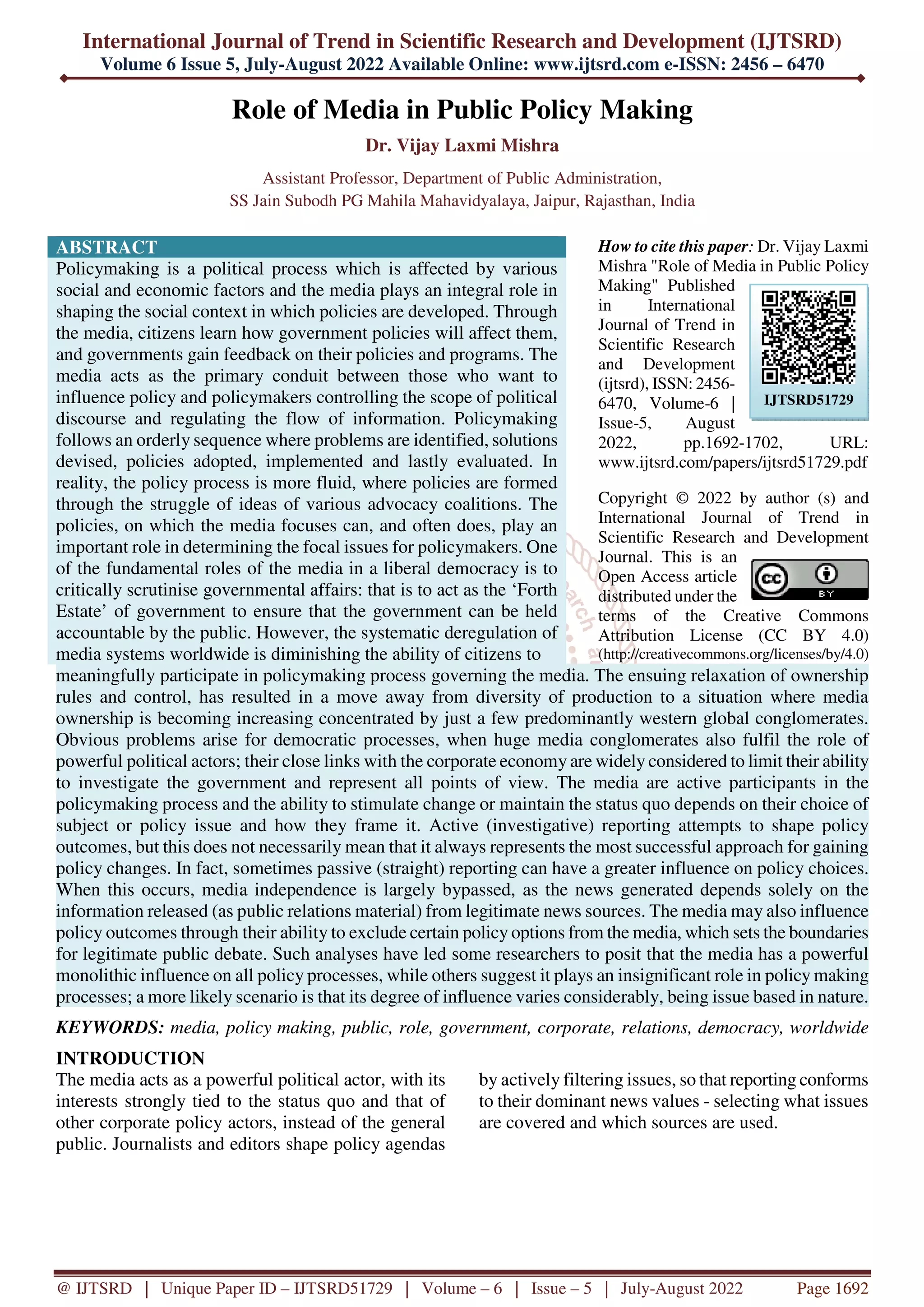 Role of Media in Public Policy Making | PDF