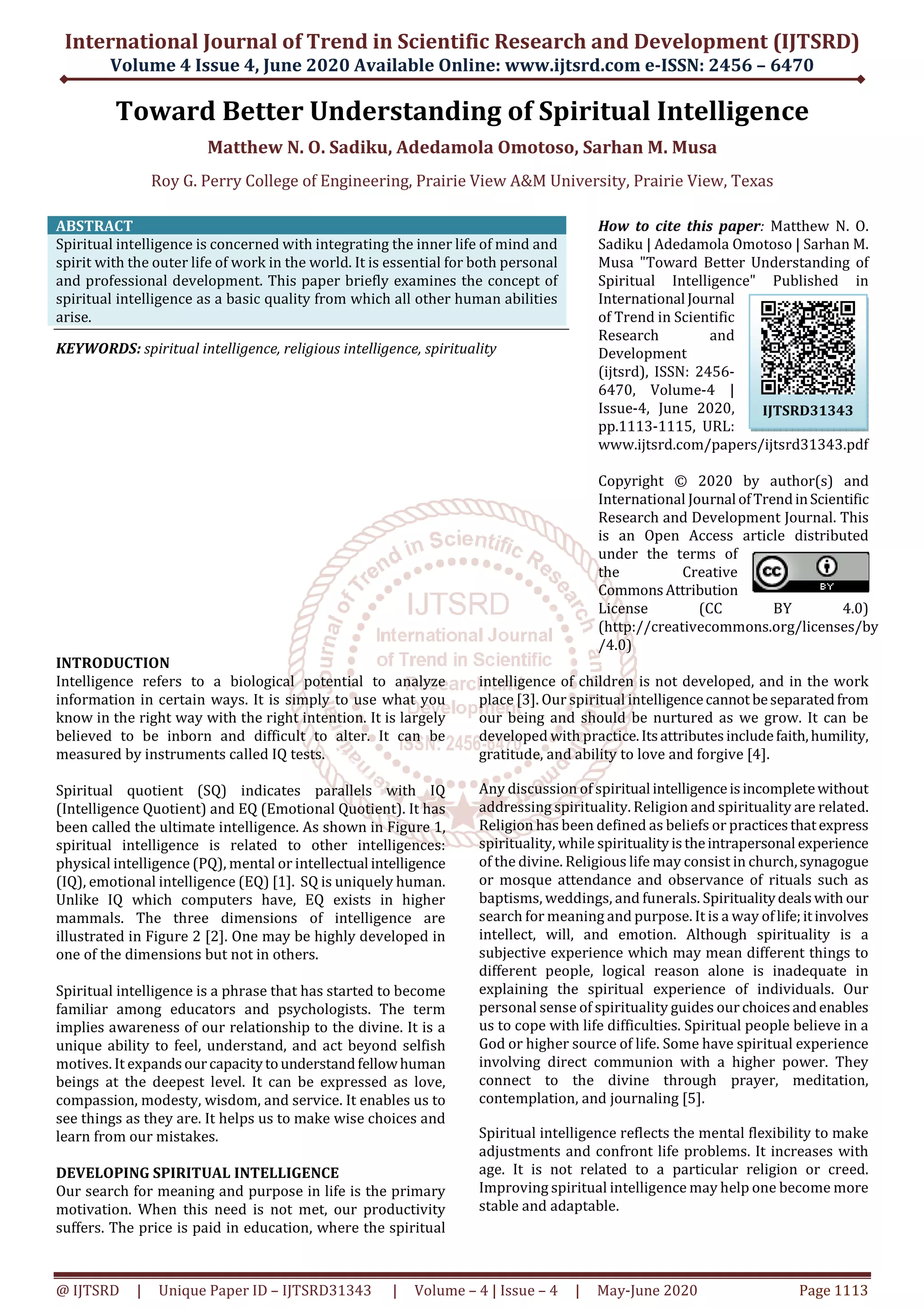 Toward Better Understanding of Spiritual Intelligence | PDF