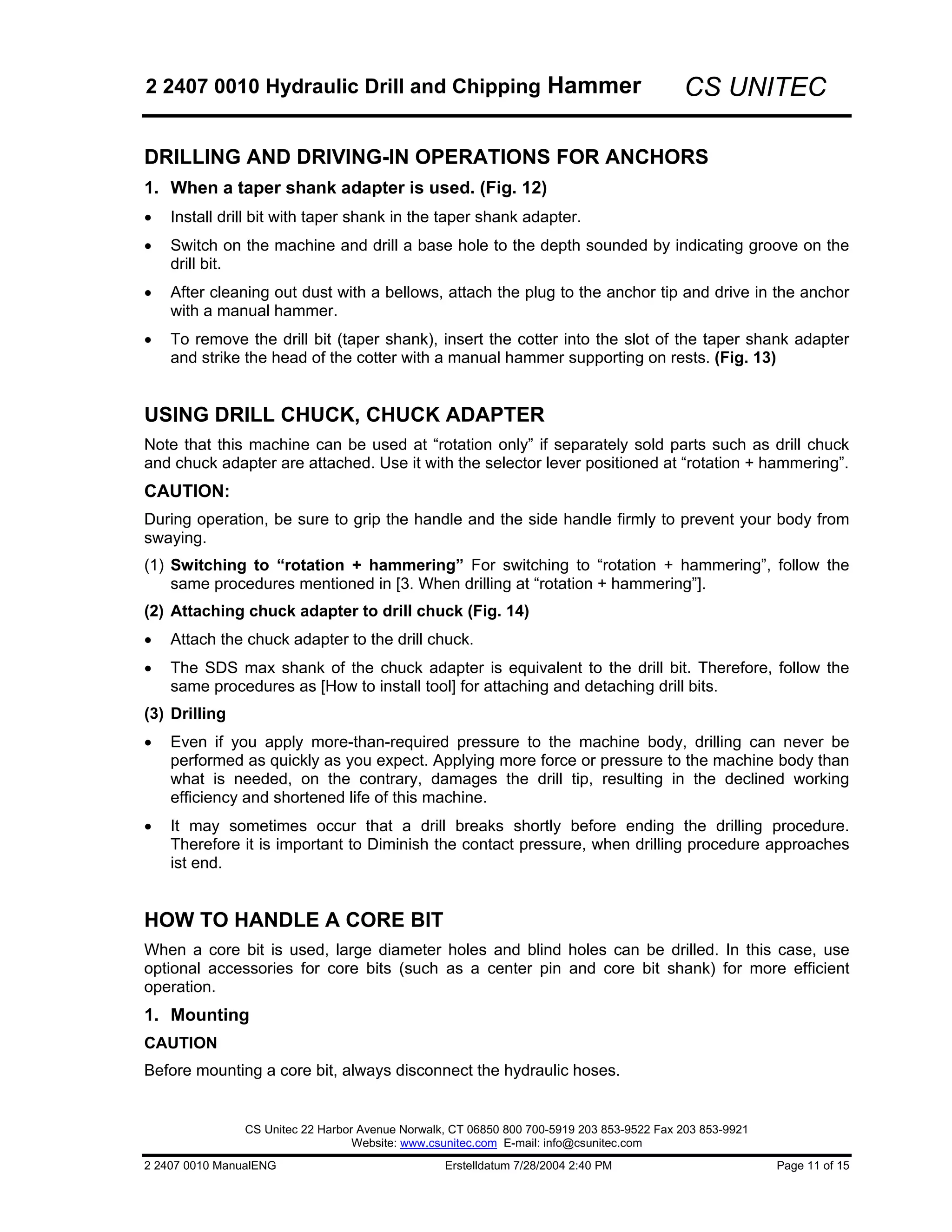 CS Unitec Hydraulic Drill and Chipping Hammer Operating Manual | PDF ...