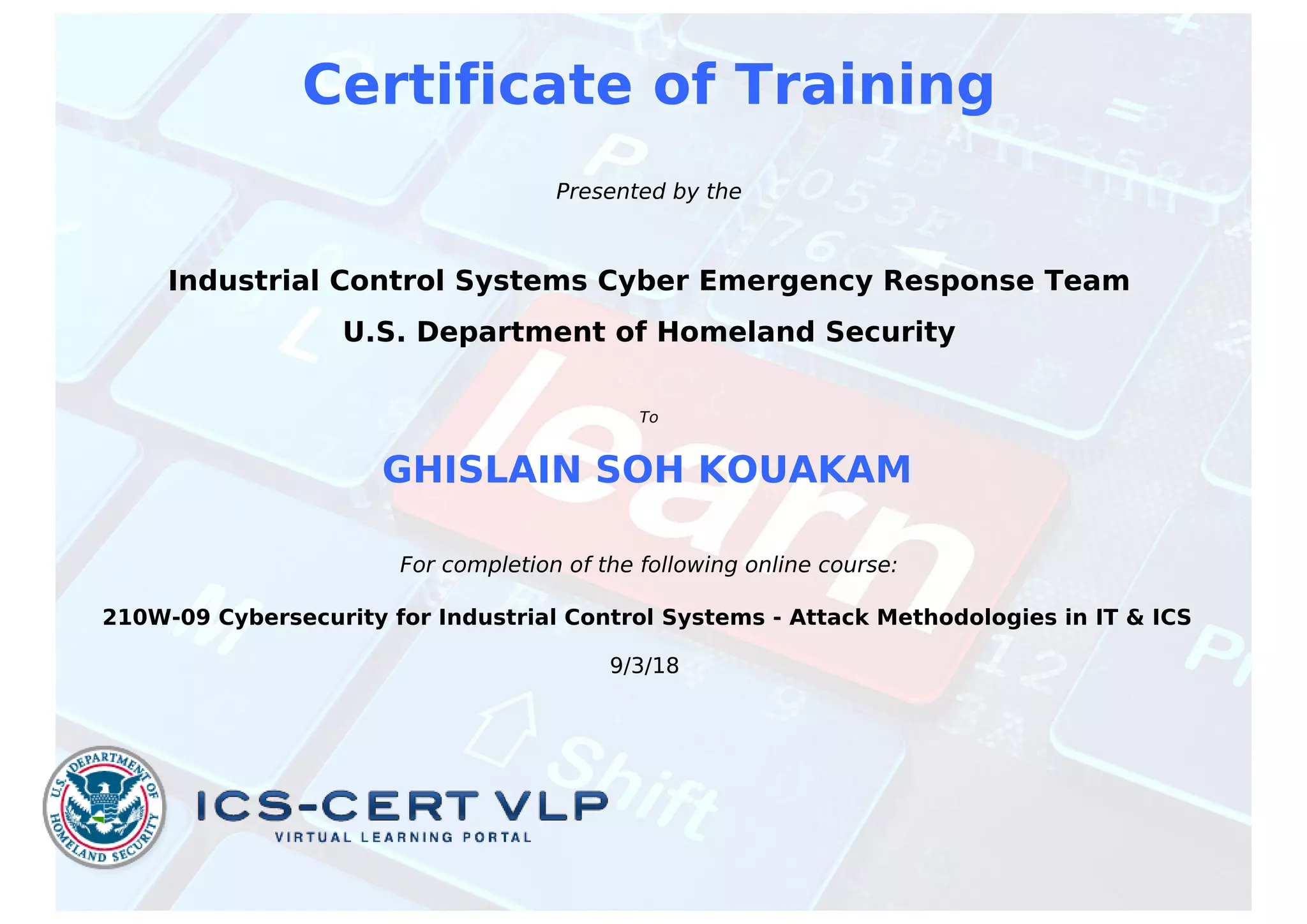 Certificate of Training - Attack Methodologies in IT & ICS | PDF