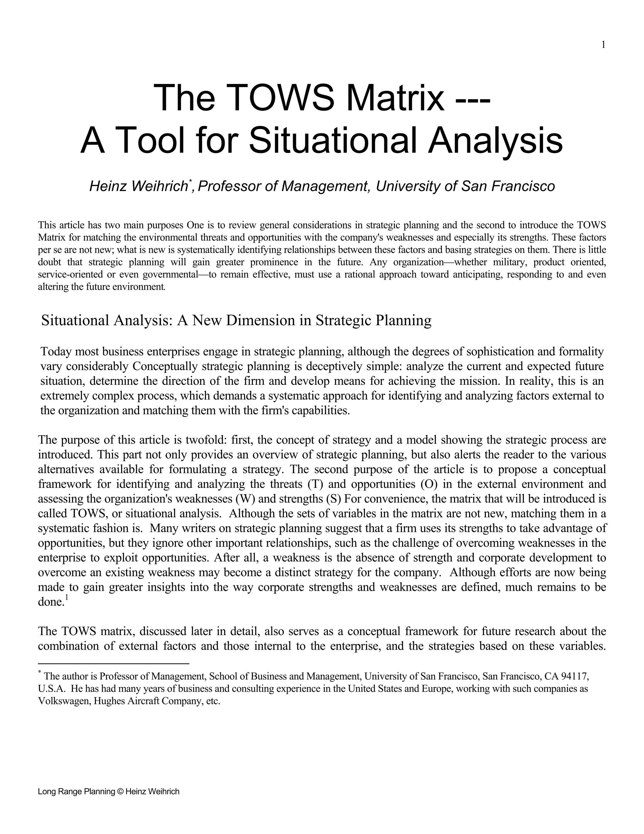22462134 the-tows-matrix-a-tool-for-situational-analysis | PDF