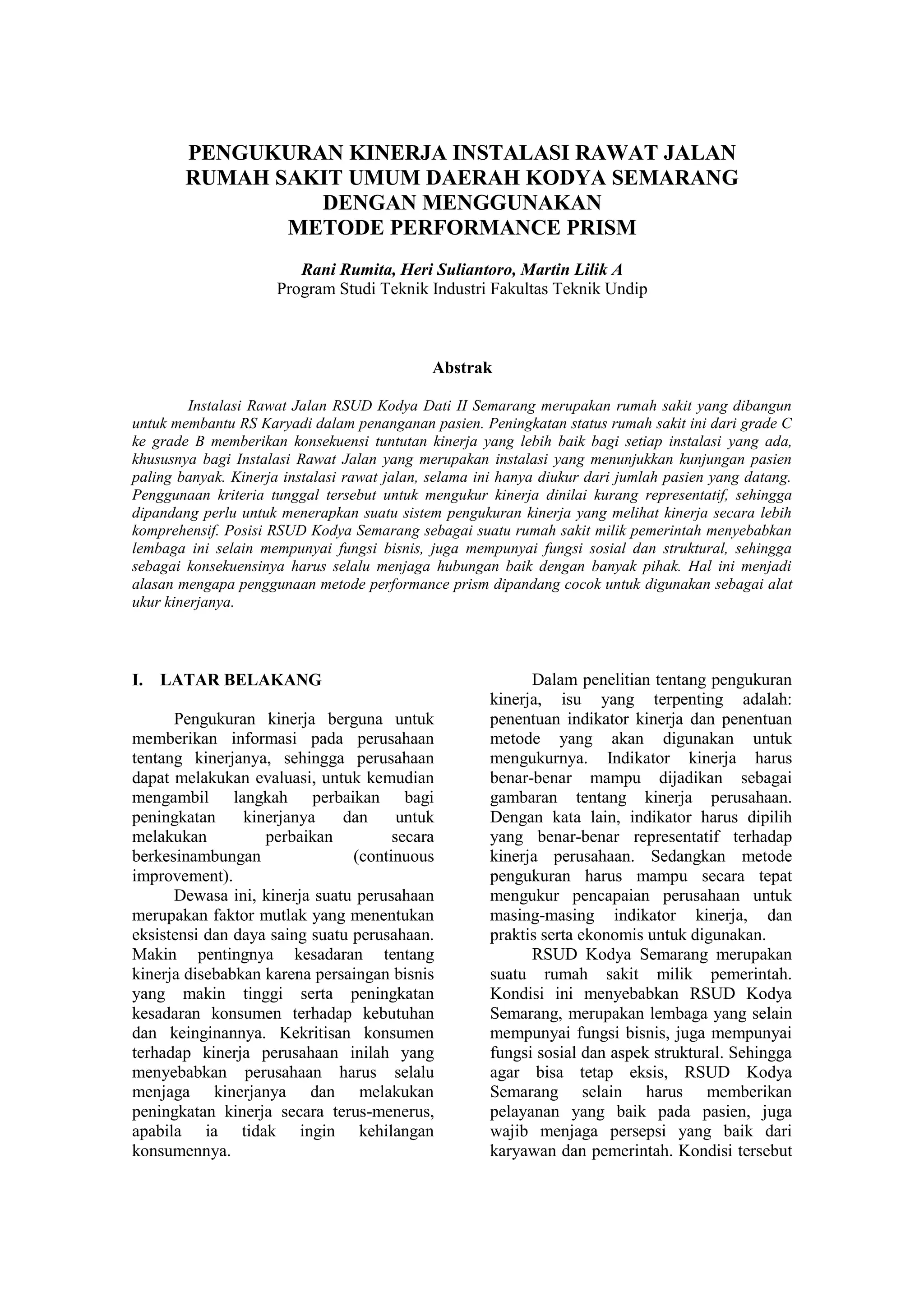 PENGUKURAN KINERJA INSTALASI RAWAT JALAN RUMAH SAKIT UMUM DAERAH KODYA ...