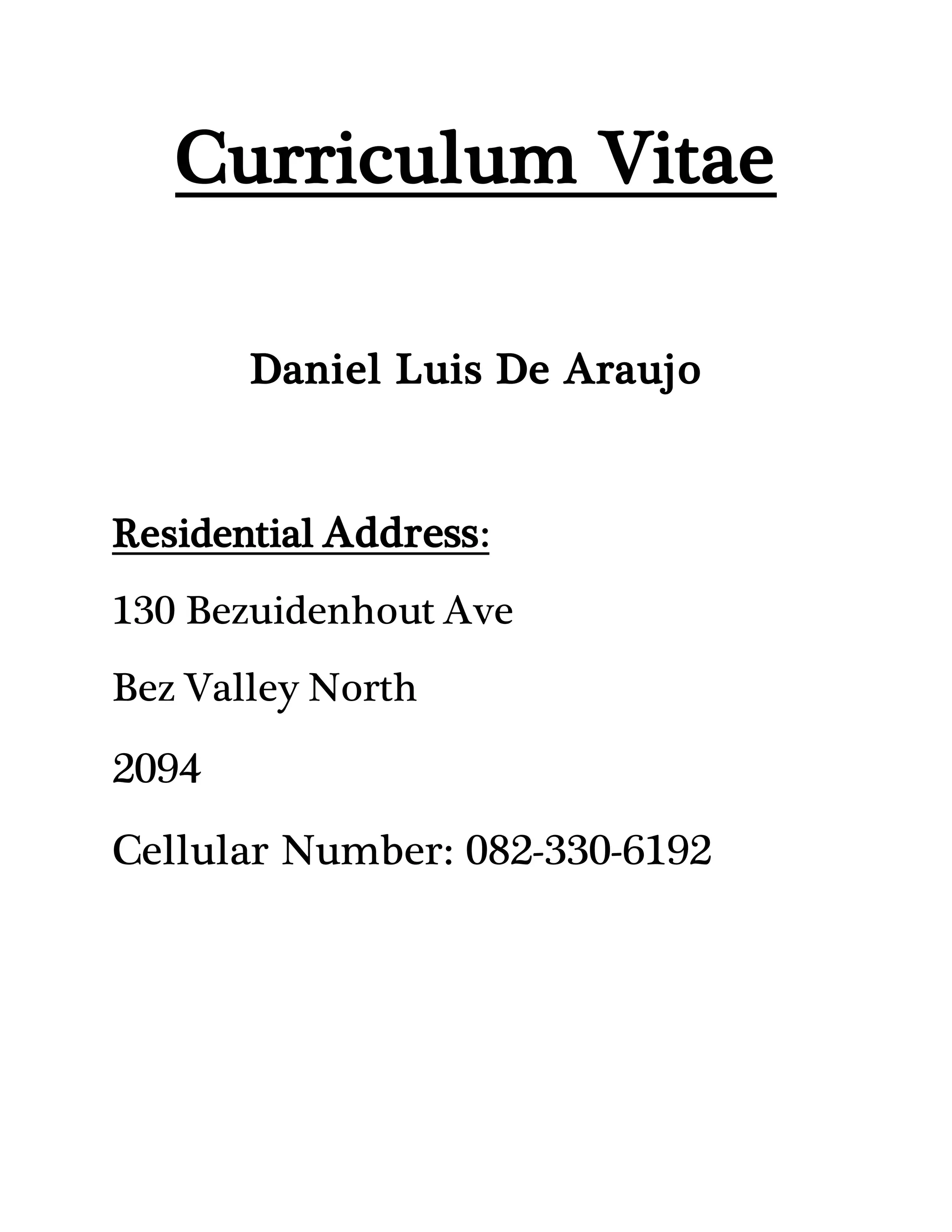 Curriculum Vitae Daniel De Araujo | DOCX | Graduation | Personal Celebrations & Life Events