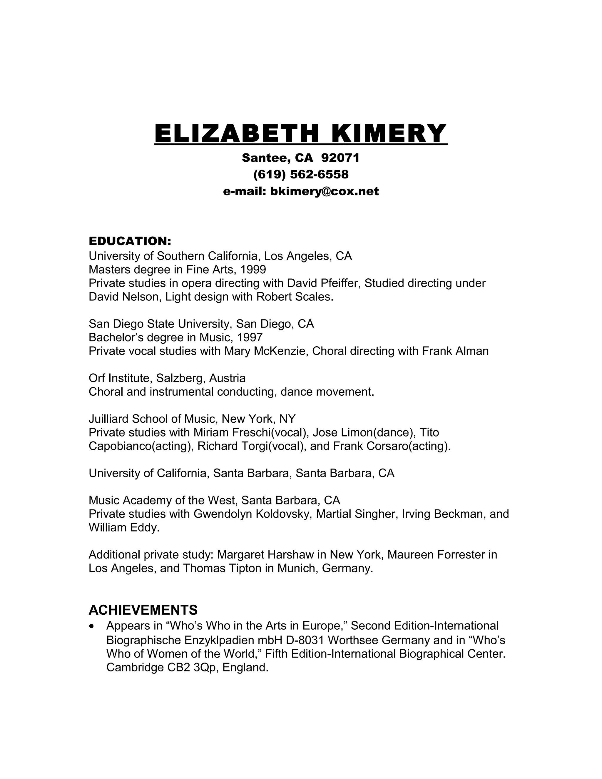 ELIZABETH KIMERY RESUME no address | DOC
