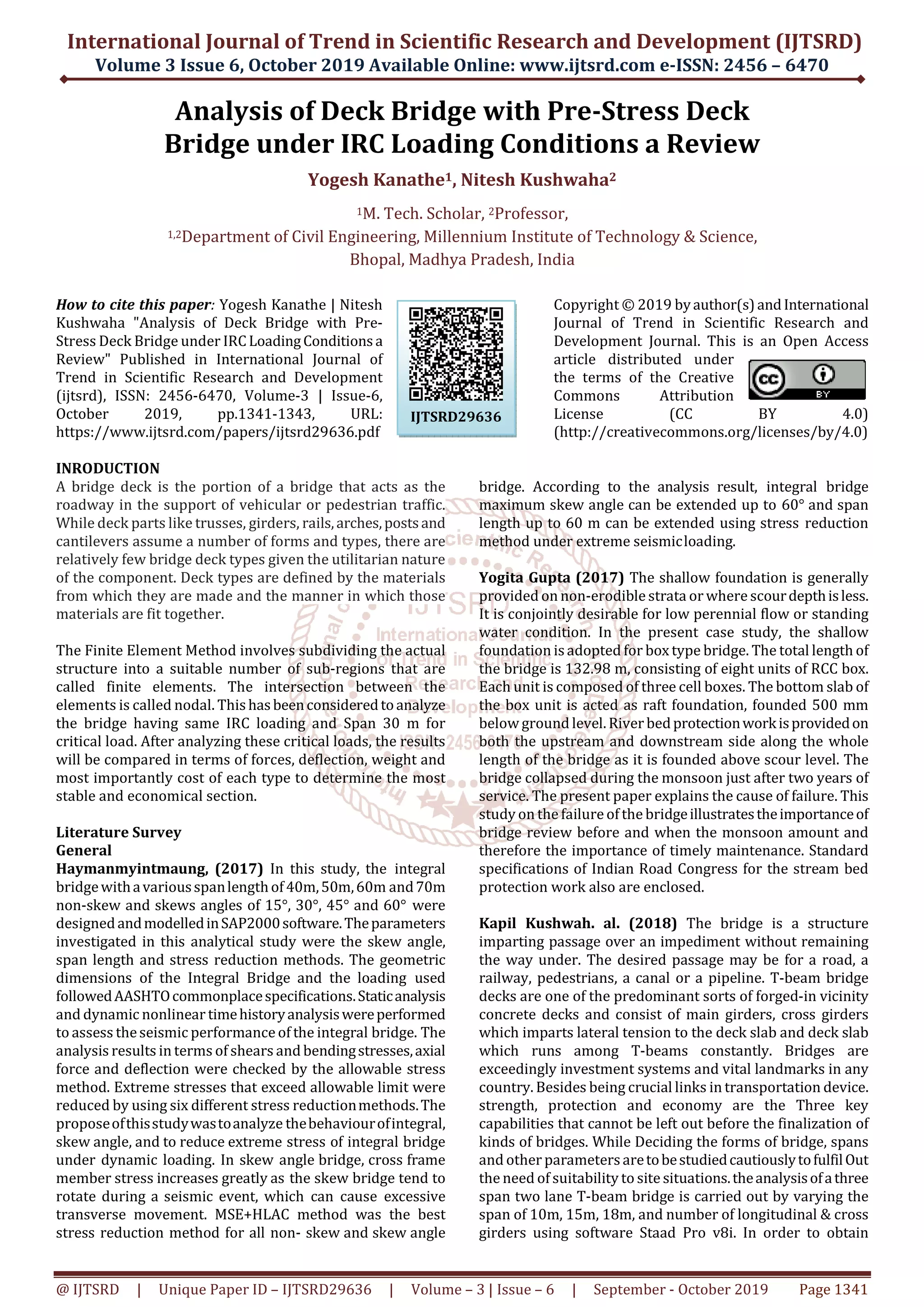 Analysis of Deck Bridge with Pre Stress Deck Bridge under IRC Loading Conditions a Review | PDF