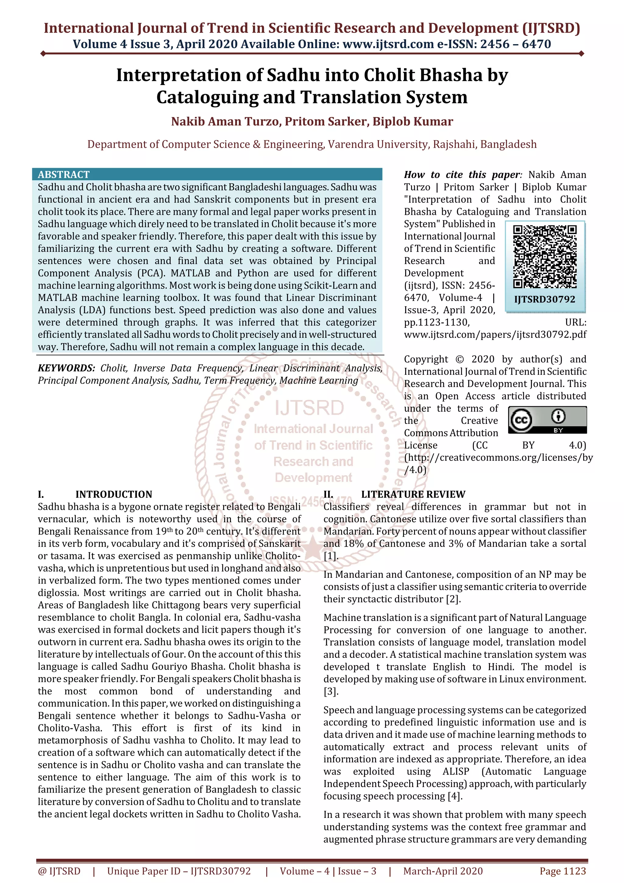 Interpretation of Sadhu into Cholit Bhasha by Cataloguing and ...