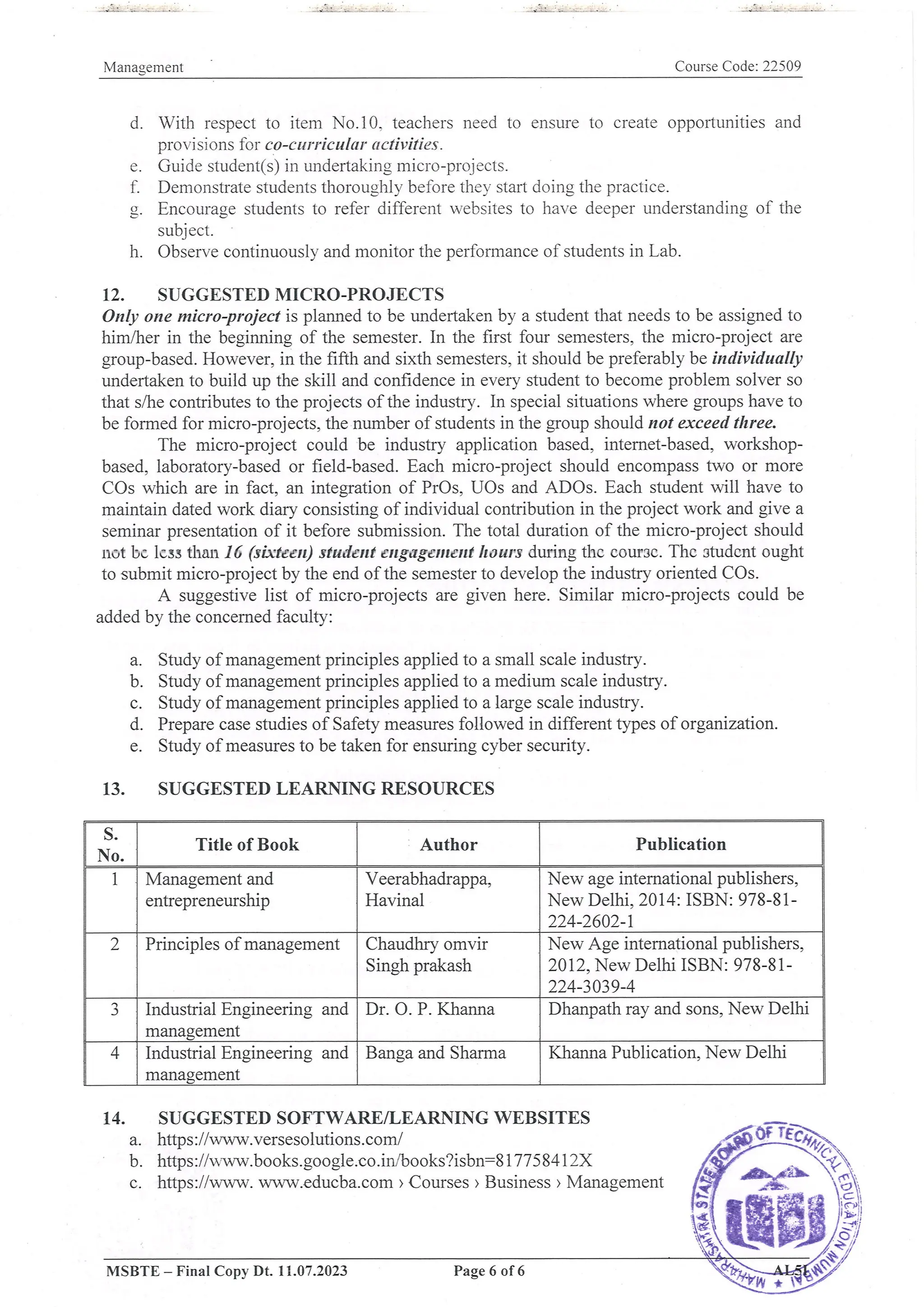 22509 Management Syllabus of MSBTE I Scheme | PDF