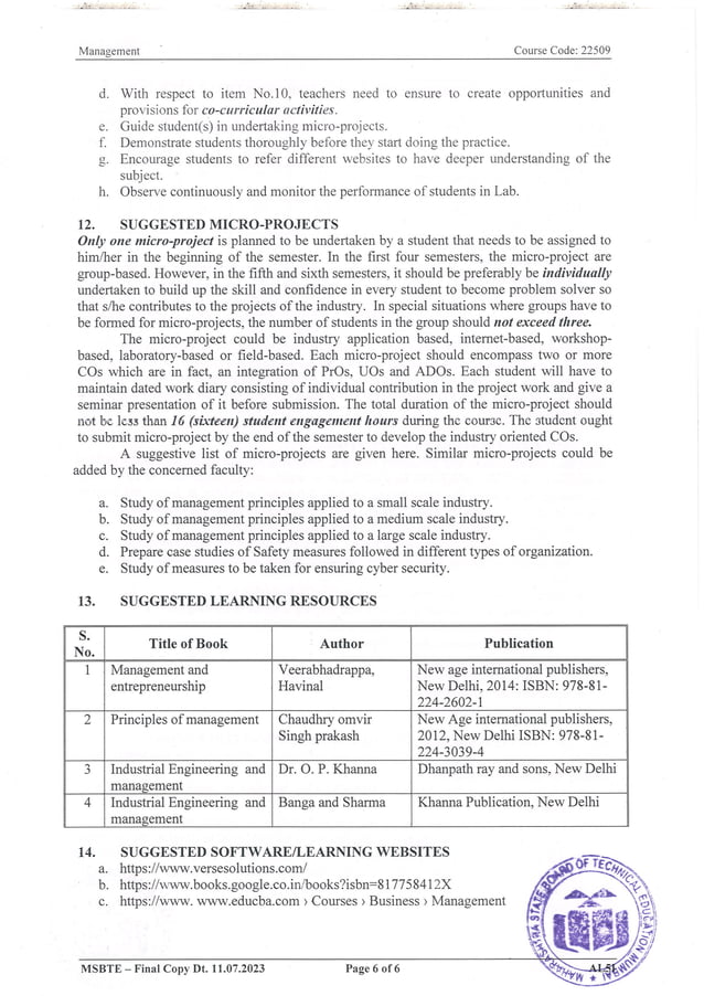 22509 Management Syllabus of MSBTE I Scheme | PDF