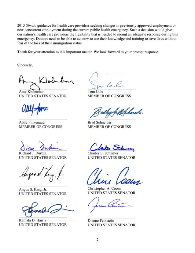 Congressional Letter To Uscis On H 1b Restrictions For Mds Pdf