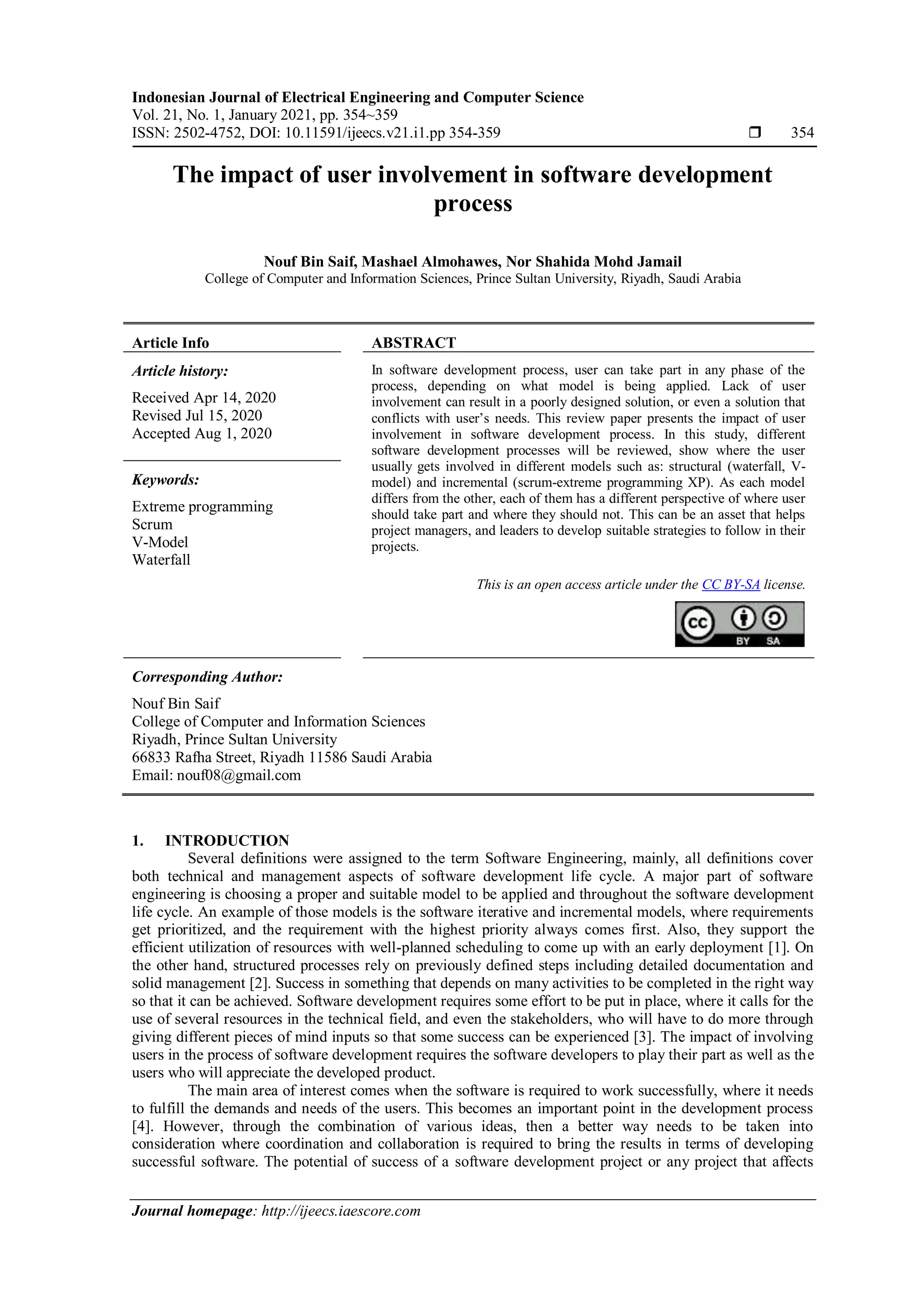 The impact of user involvement in software development process | PDF