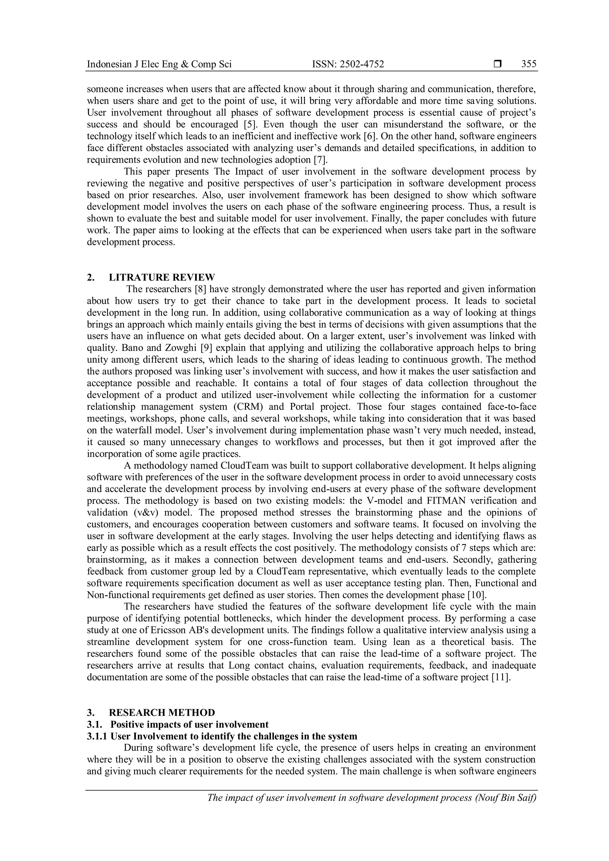 The impact of user involvement in software development process | PDF