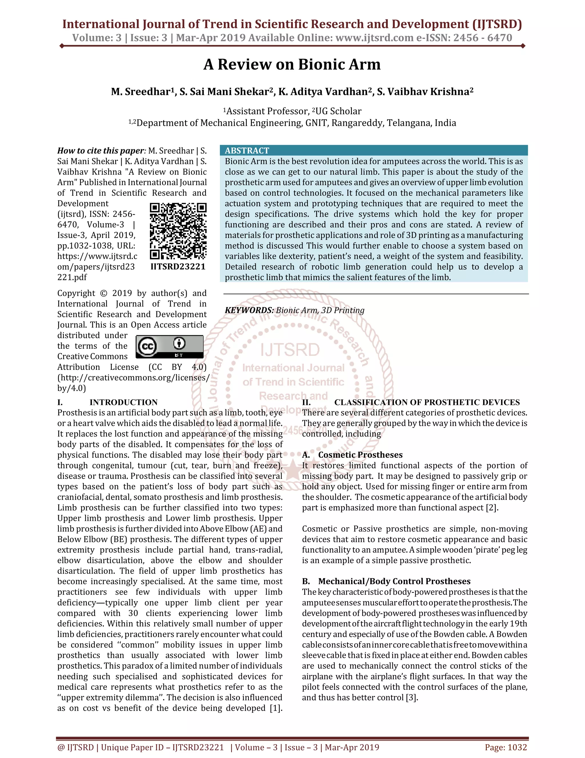 A Review on Bionic Arm | PDF