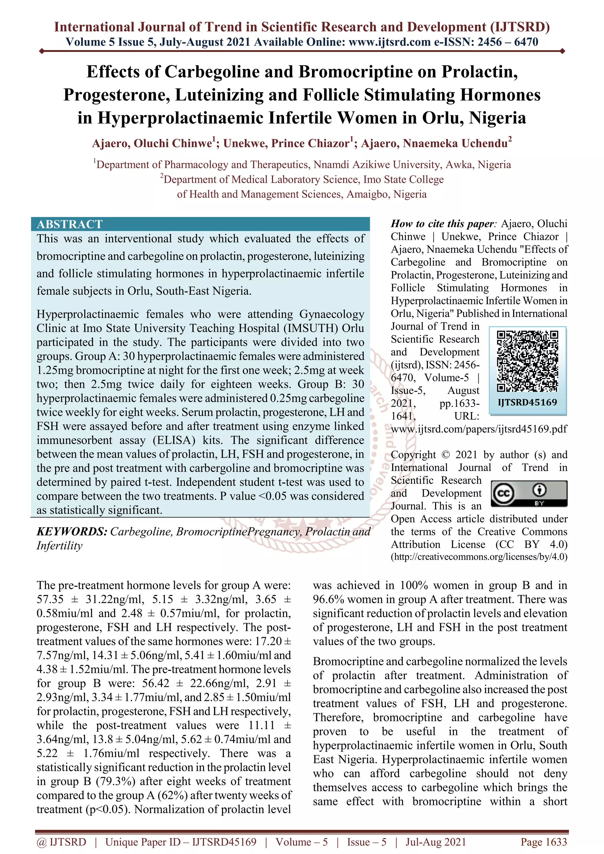 Effects of Carbegoline and Bromocriptine on Prolactin, Progesterone ...