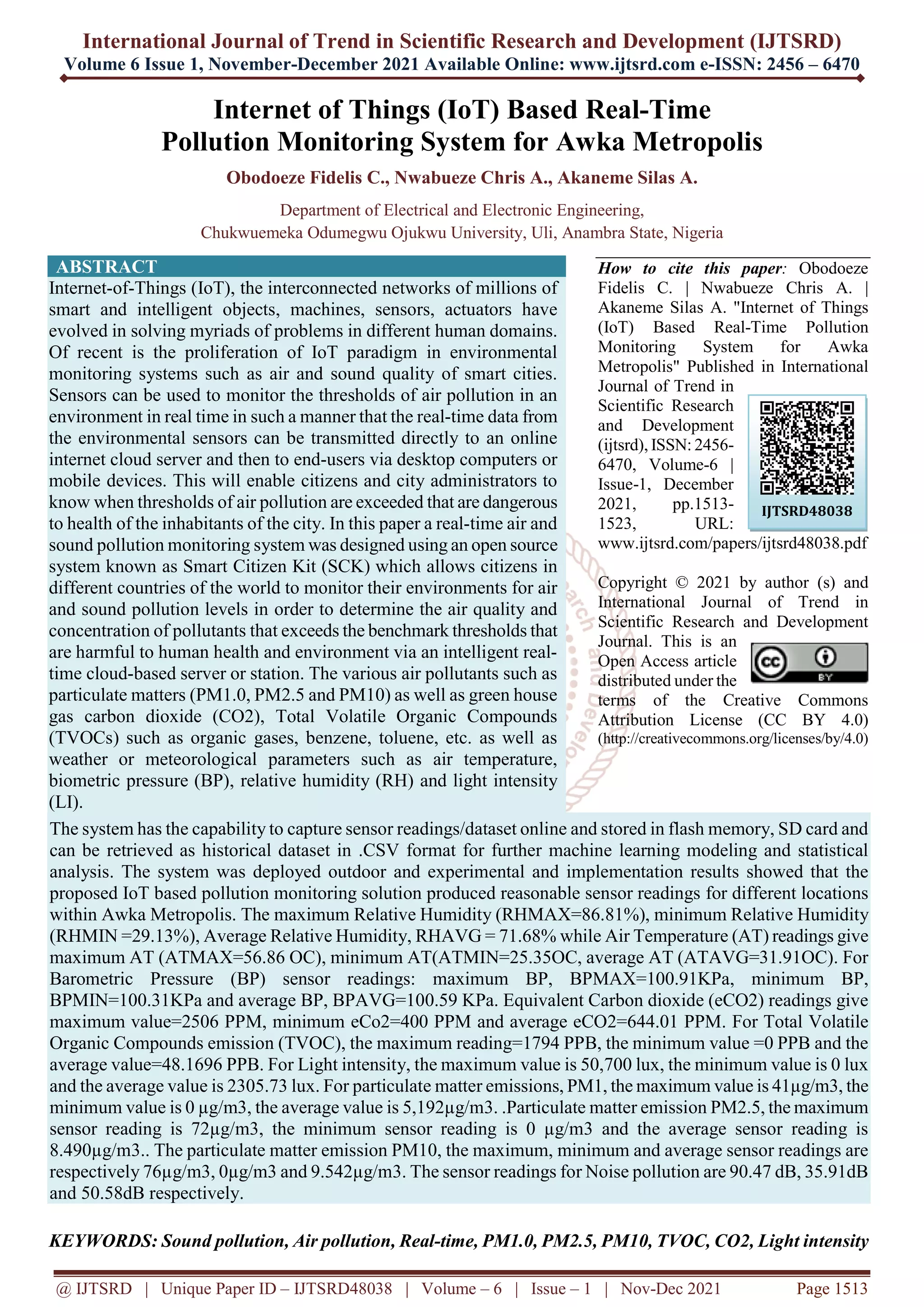 Internet of Things IoT Based Real Time Pollution Monitoring System for ...