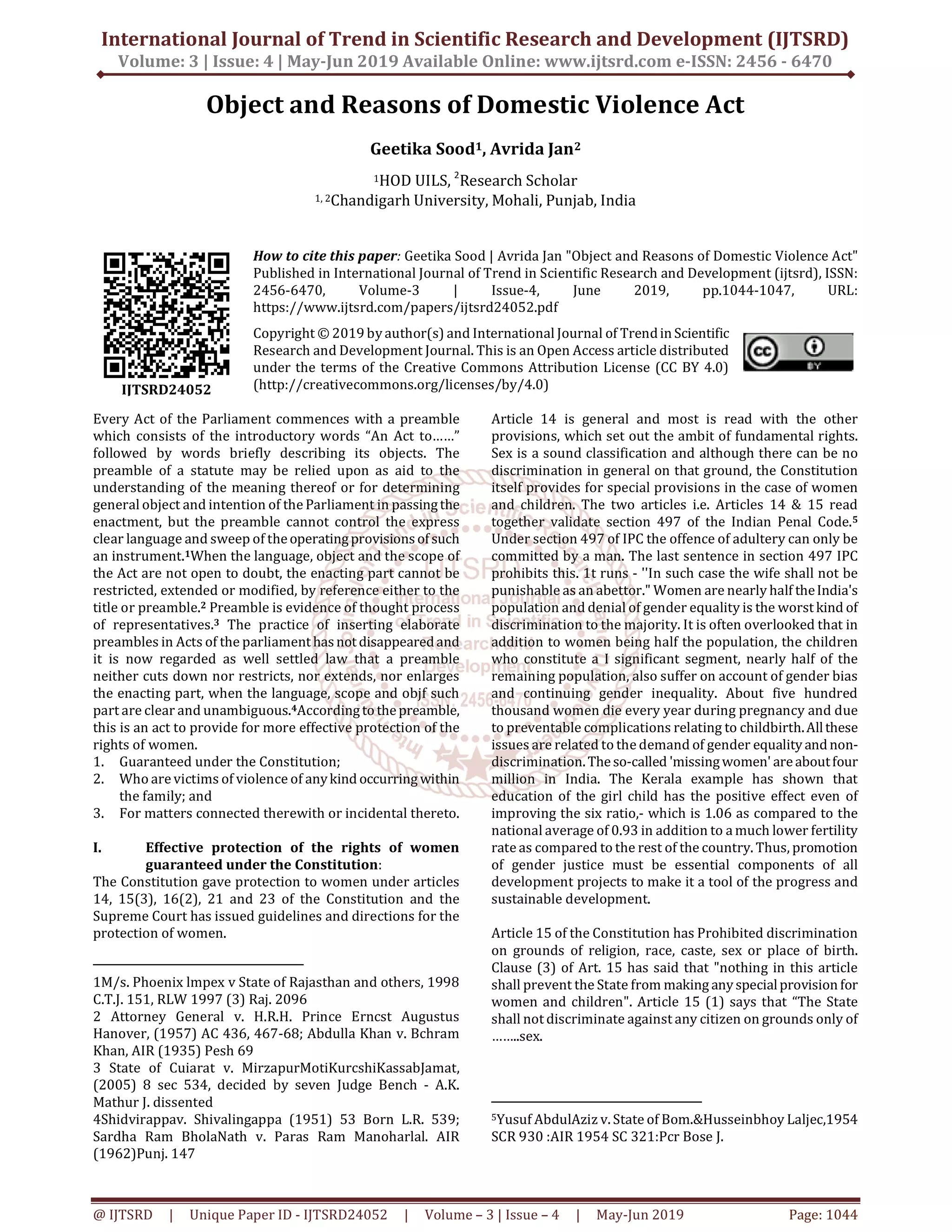 Object and Reasons of Domestic Violence Act | PDF