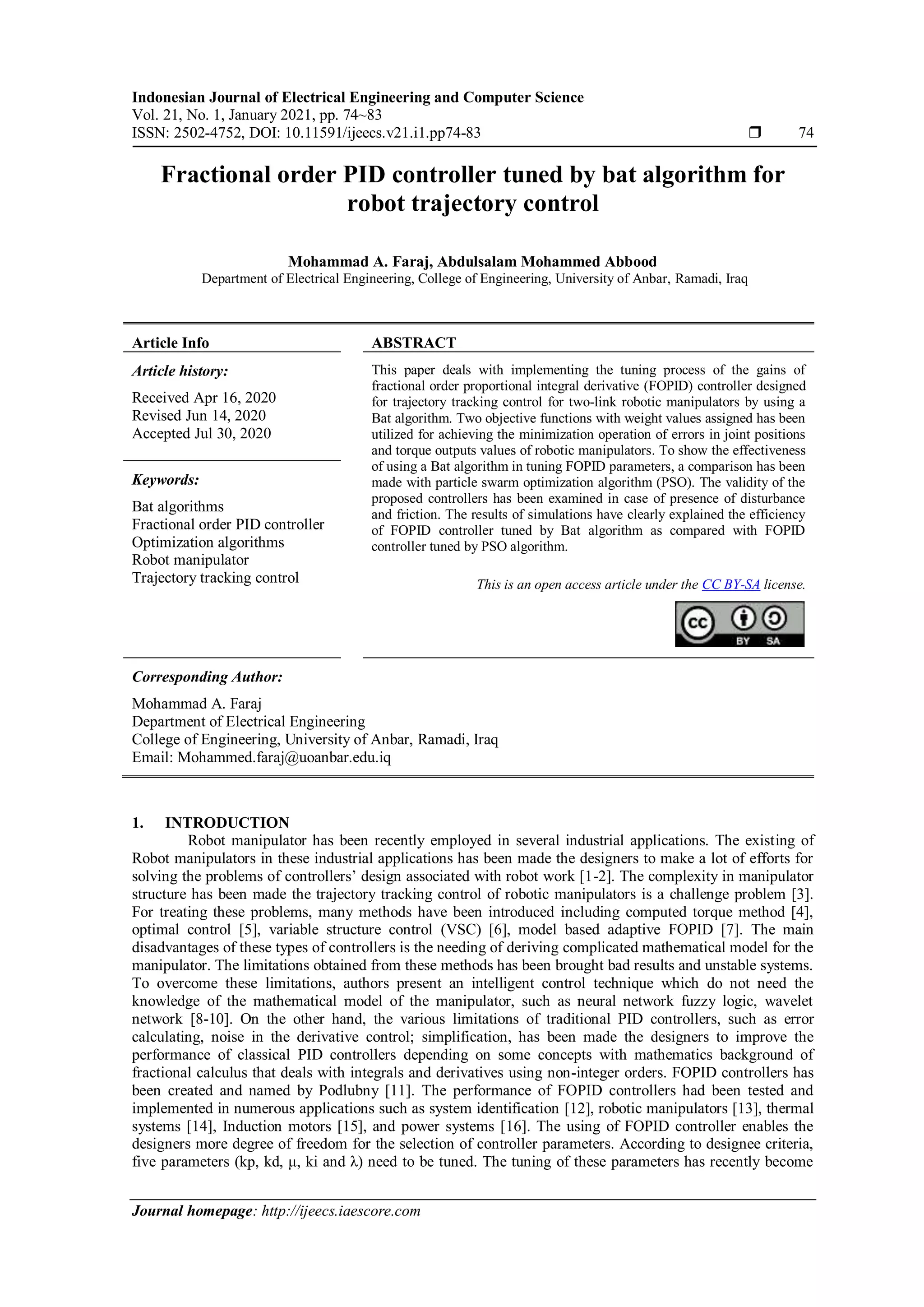 Fractional Order Pid Controller Tuned By Bat Algorithm For Robot