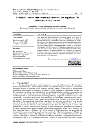 Fractional order PID controller tuned by bat algorithm for robot trajectory control | PDF ...