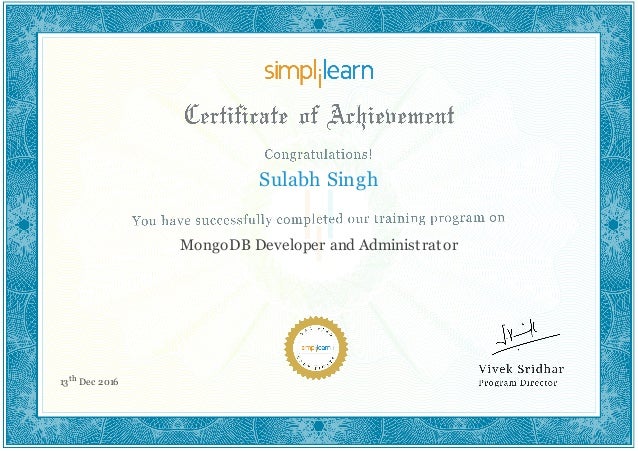 Certificate of Achievement - MongoDB Developer and Administrator
