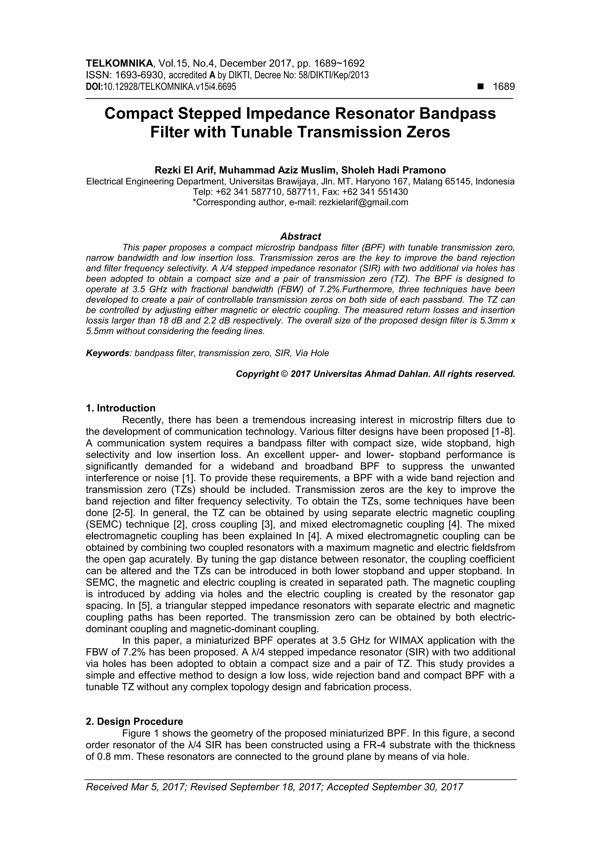 Compact Stepped Impedance Resonator Bandpass Filter with Tunable Transmission Zeros | PDF