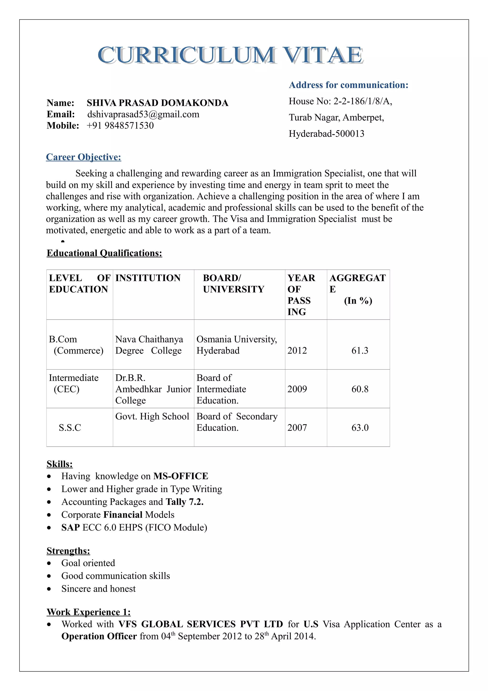 Shiva Exp CV- Immigration Speacialist | DOC | Business Travel | Travel Type