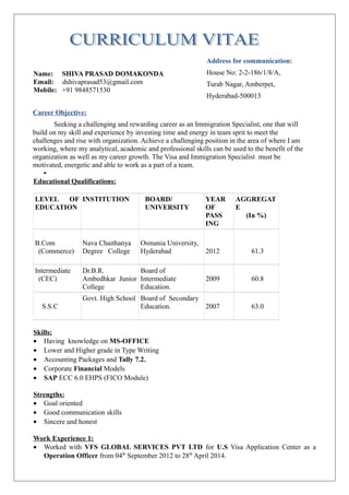 Shiva Exp CV- Immigration Speacialist | DOC | Business Travel | Travel Type