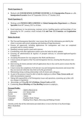 Shiva Exp CV- Immigration Speacialist | DOC | Business Travel | Travel Type
