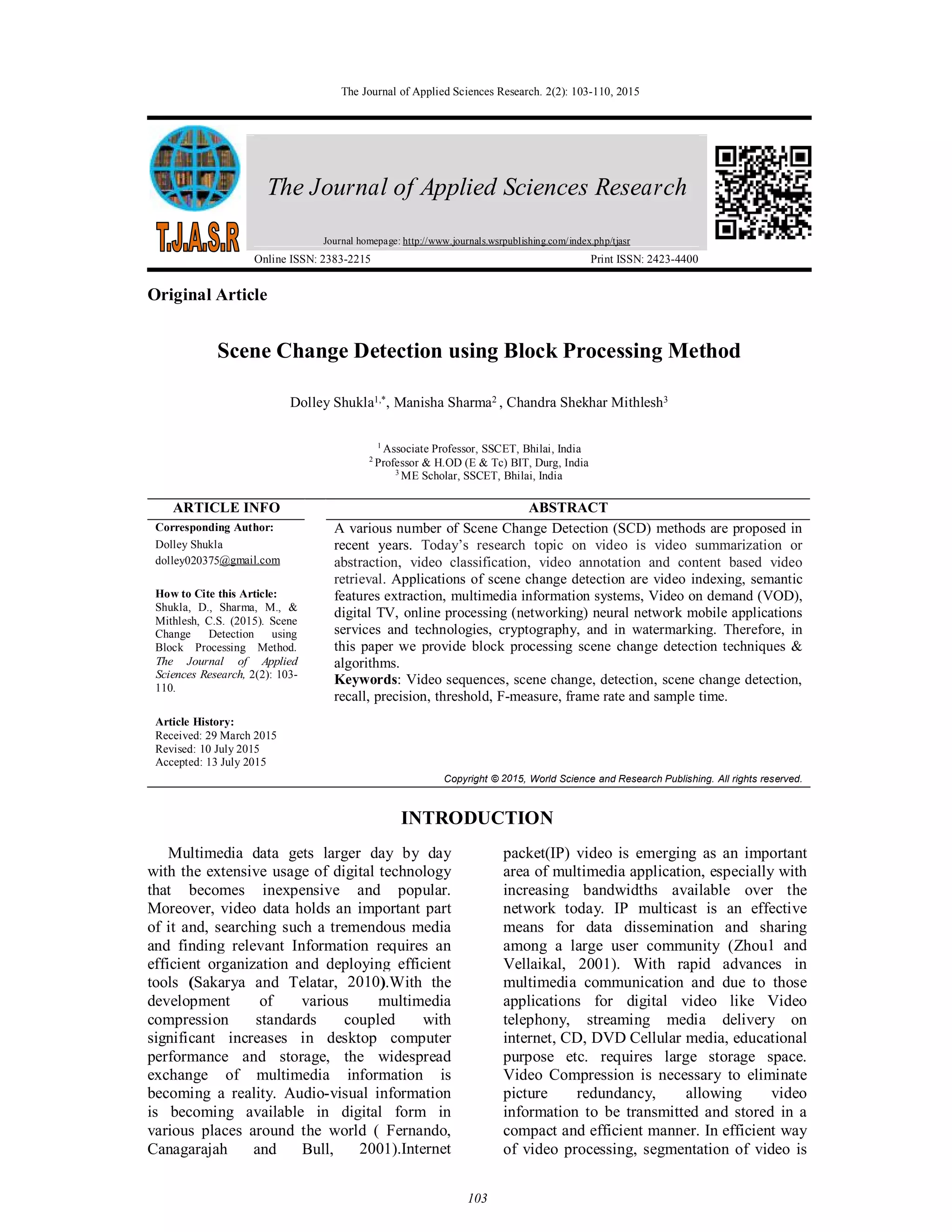 Scene change detection | PDF | Video Software | Computer Software and Applications