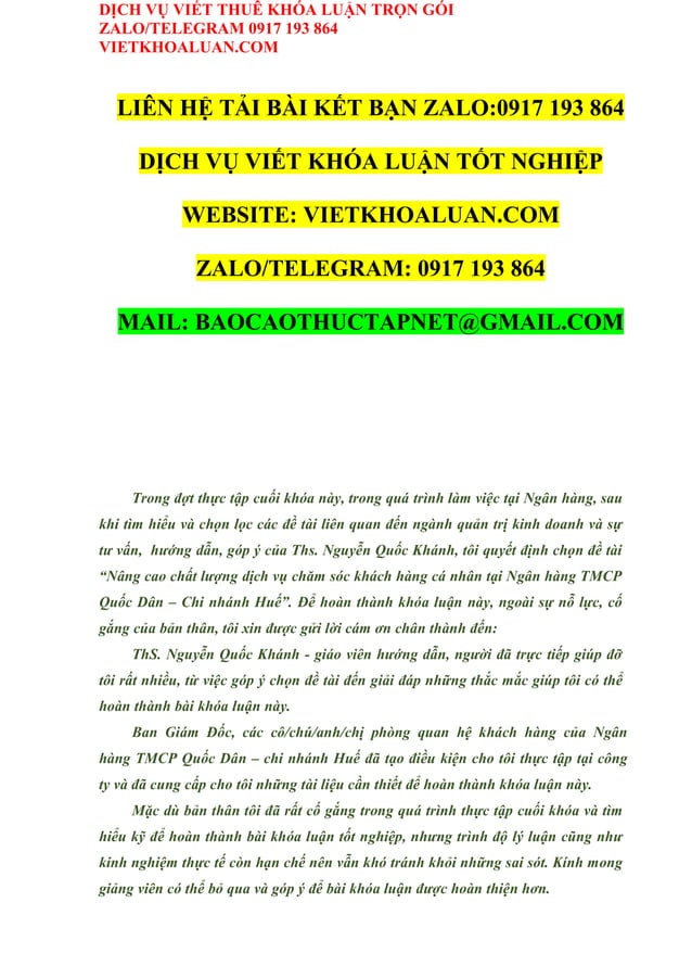 Khóa luận: Chất lượng dịch vụ chăm sóc khách hàng cá nhân, HAY | DOCX
