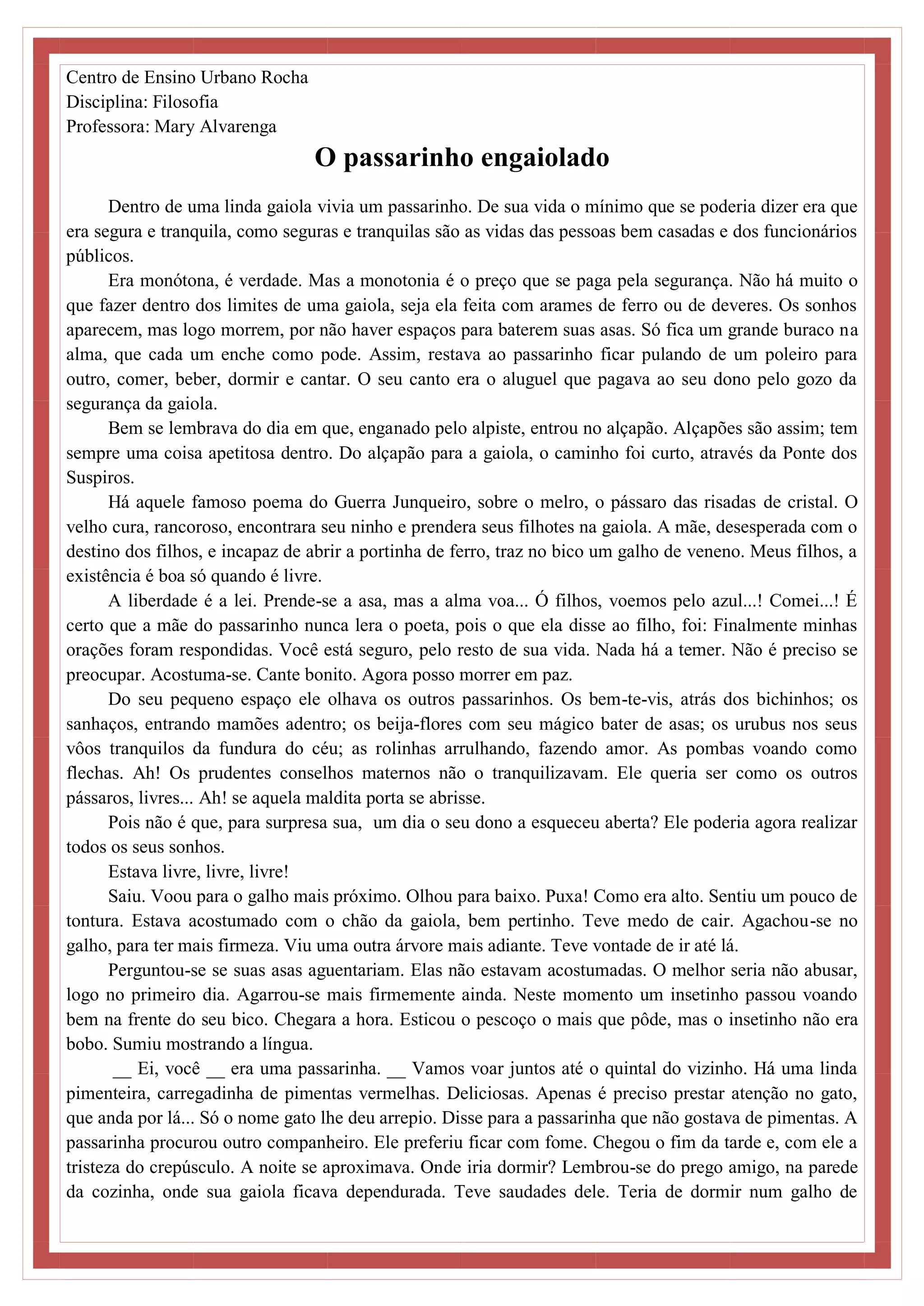 O passarinho engaiolado (Rubem Alves) | PDF