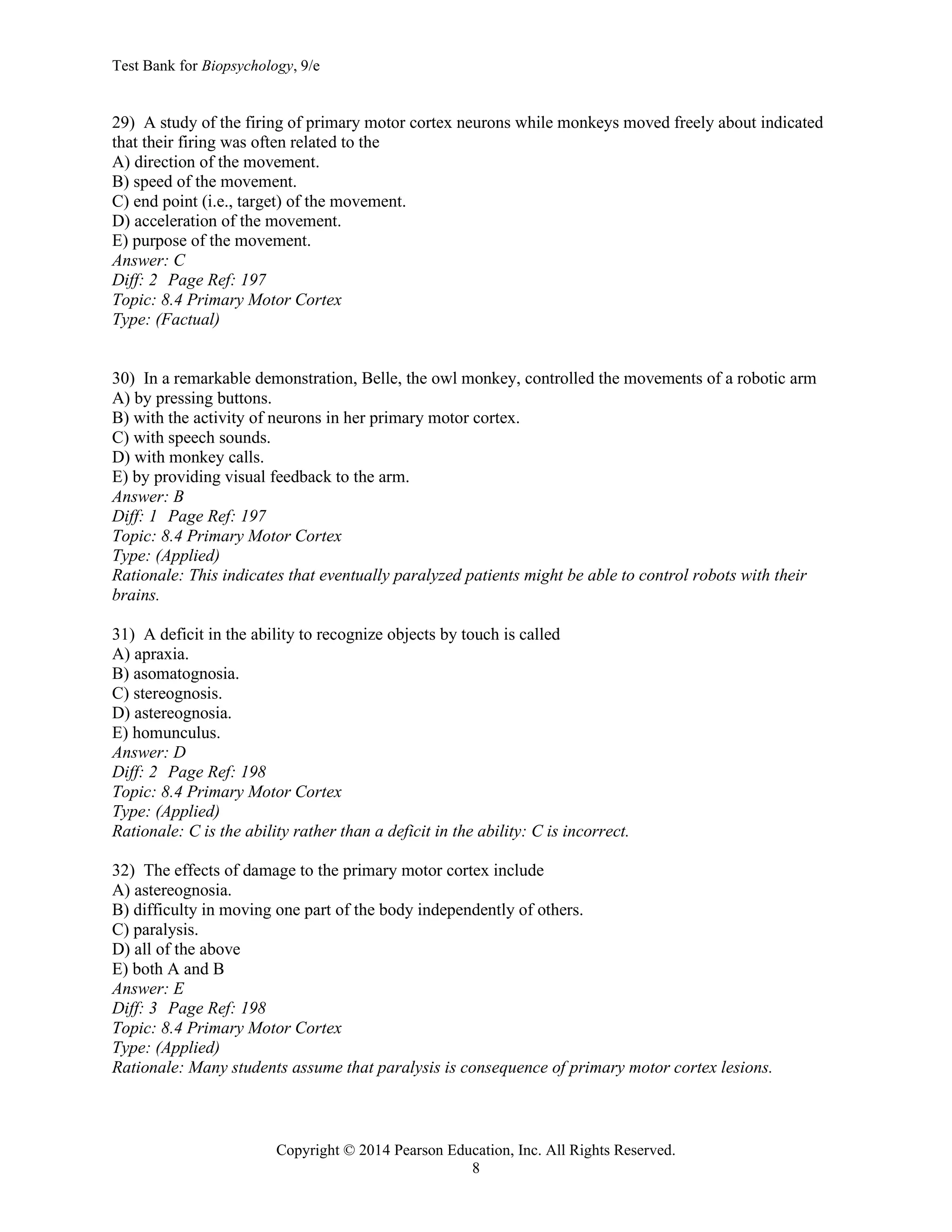 Biopsychology 9th Edition Pinel Test Bank | PDF