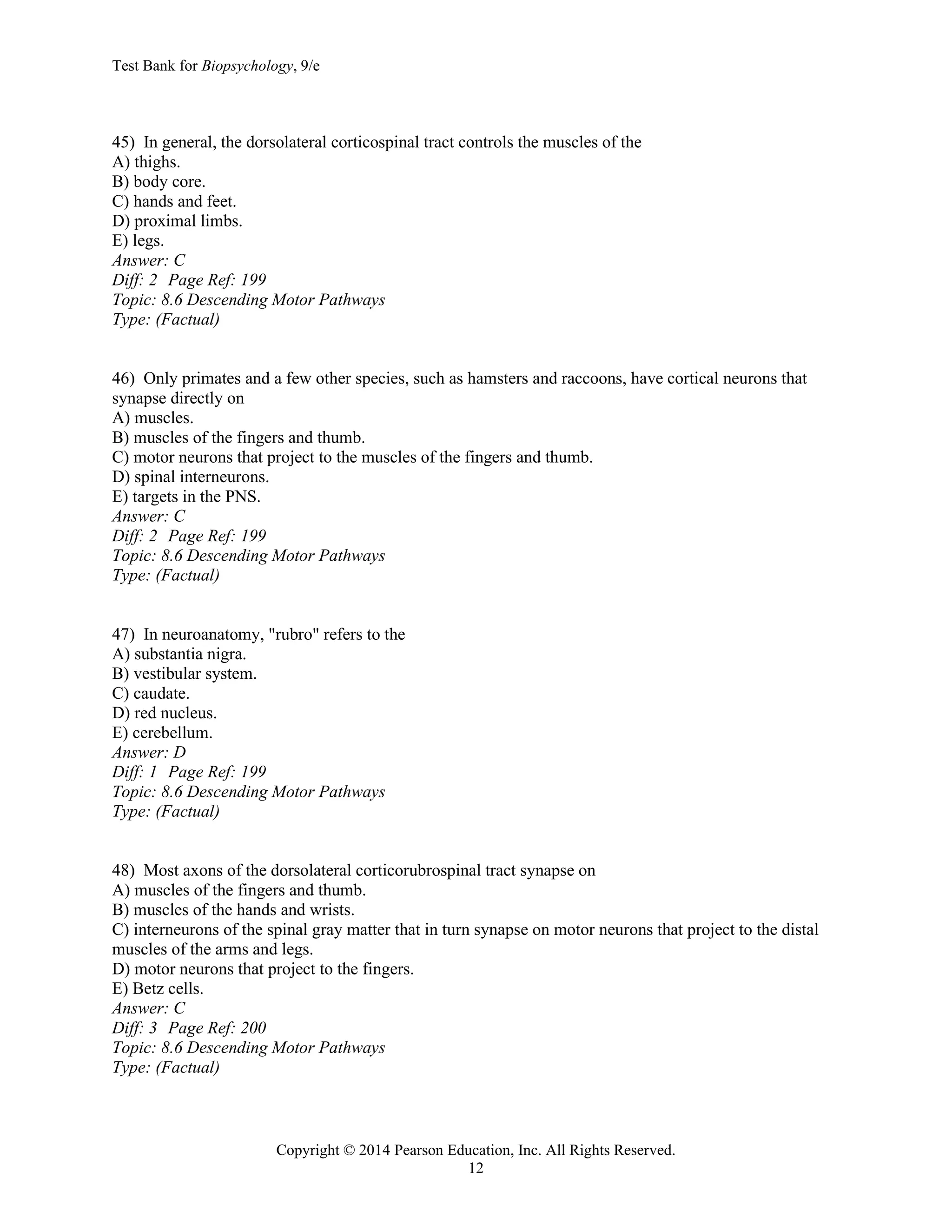 Biopsychology 9th Edition Pinel Test Bank | PDF