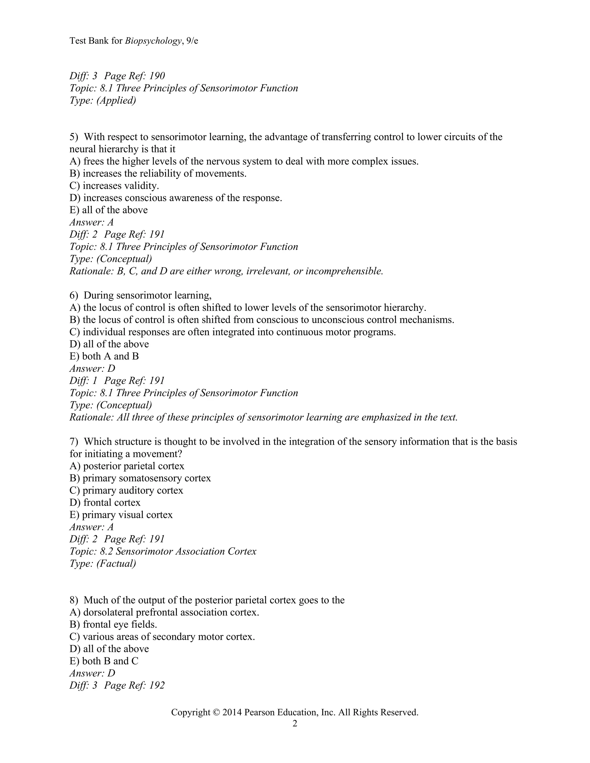 Biopsychology 9th Edition Pinel Test Bank | PDF