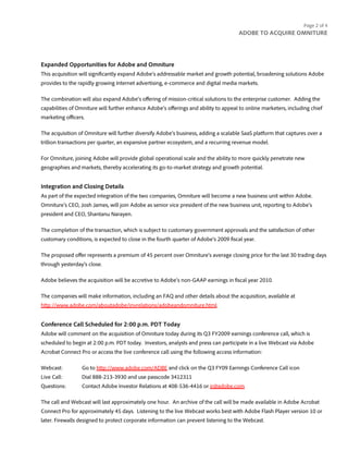 Adobe to Acquire Omniture for $1.8 billion. | PDF | Mergers and ...