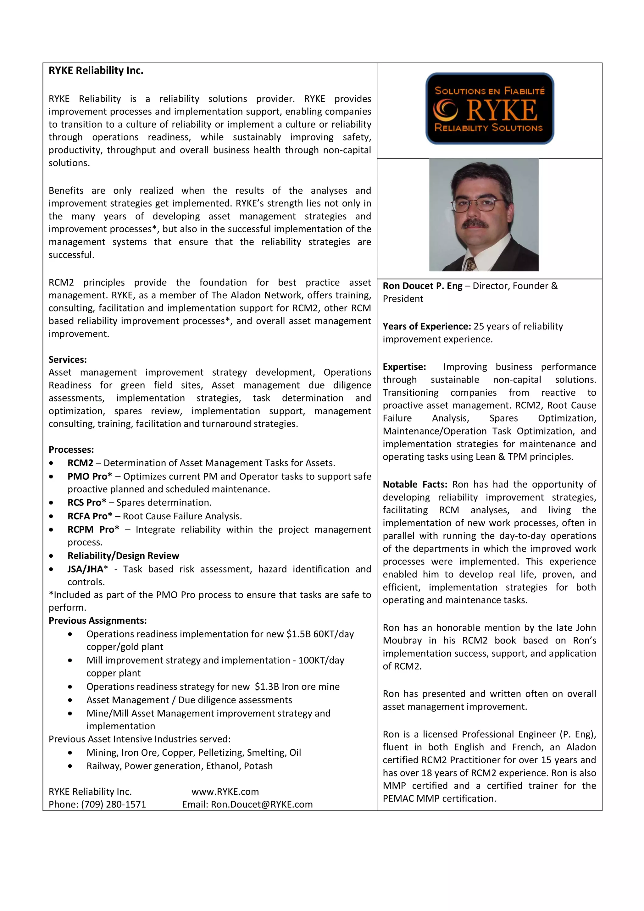 RYKE Reliability-Ron Doucet Profile-ver2 | PDF