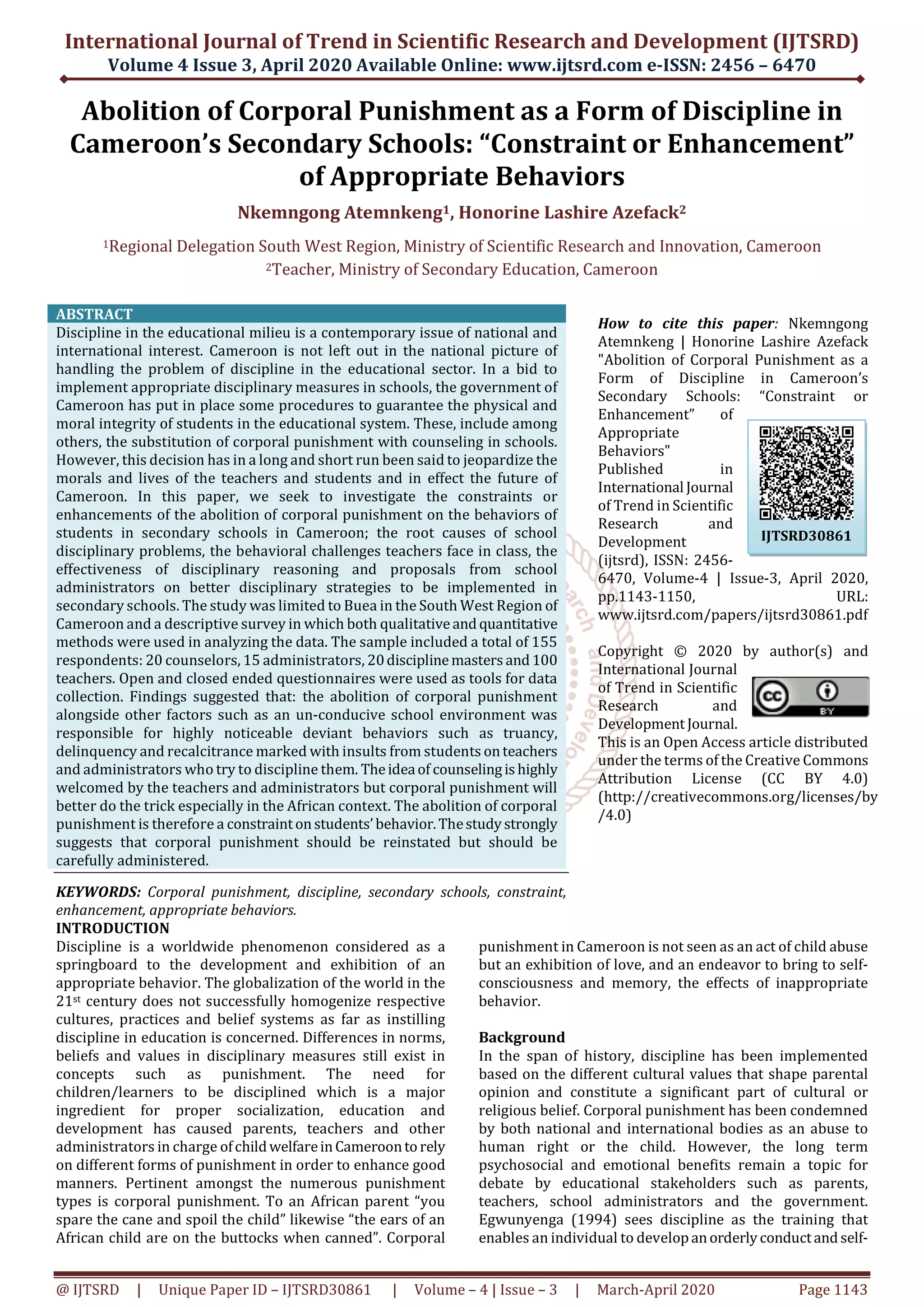 Abolition of Corporal Punishment as a Form of Discipline in Cameroon’s ...