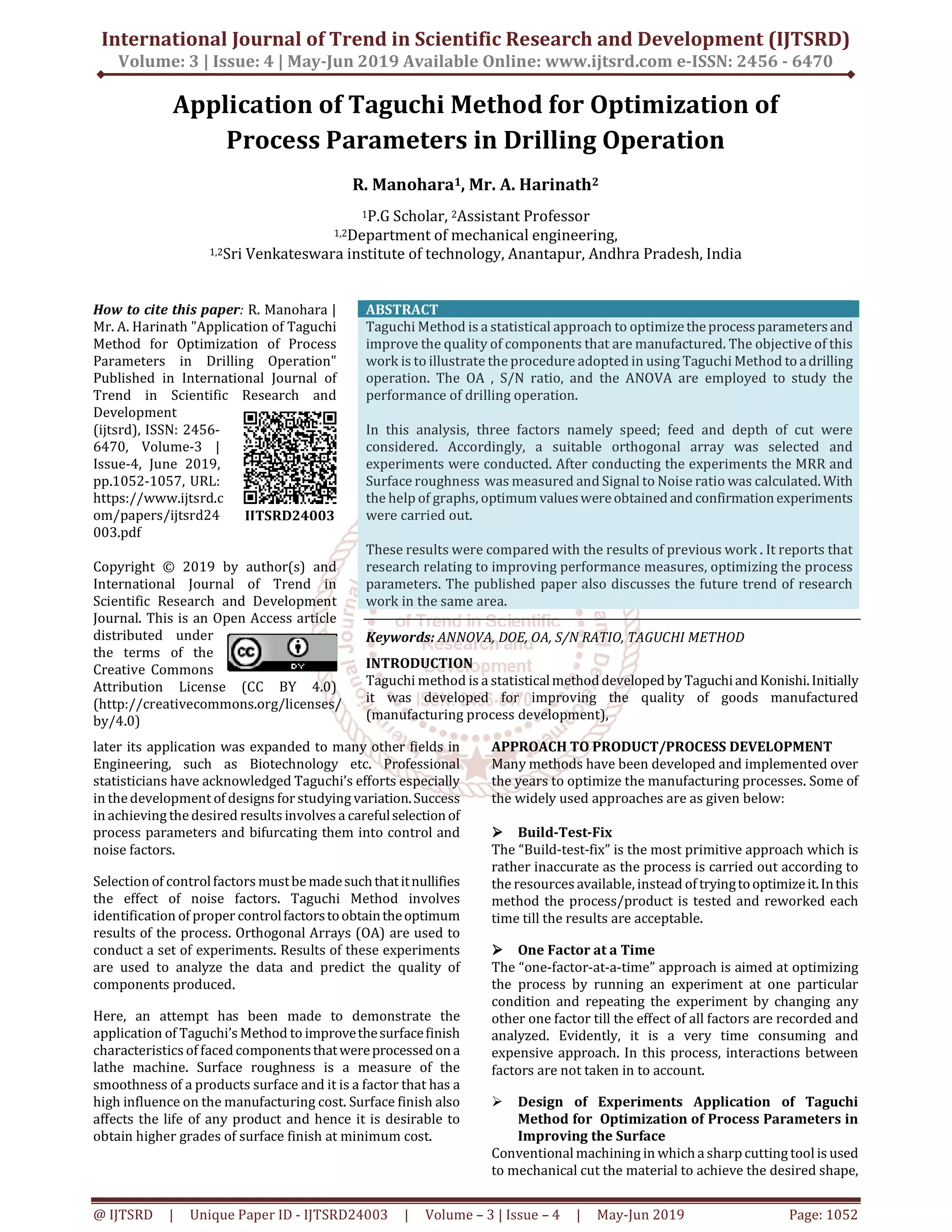 Application Of Taguchi Method For Optimization Of Process Parameters In