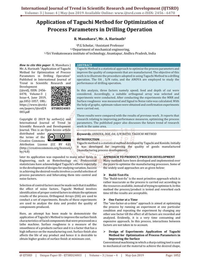 Application Of Taguchi Method For Optimization Of Process Parameters In Drilling Operation Pdf