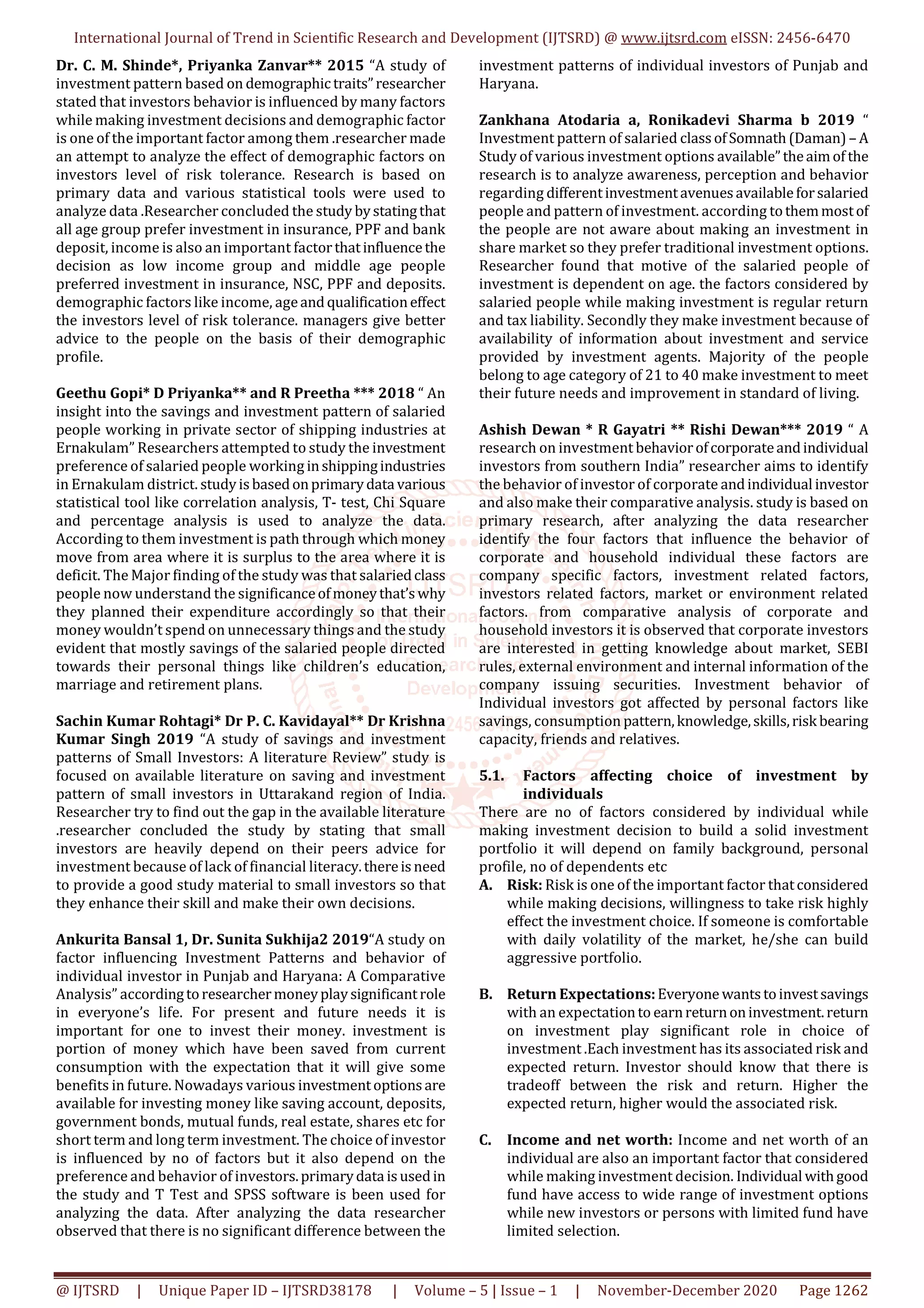 A Study of Investment Pattern of a Common Man A Literature Review | PDF