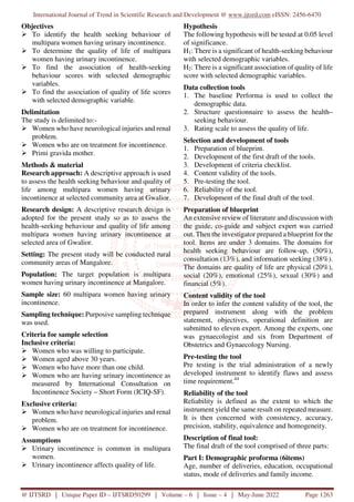 A Study to Asess the Health Seeking Behaviour and Quality of Life among ...