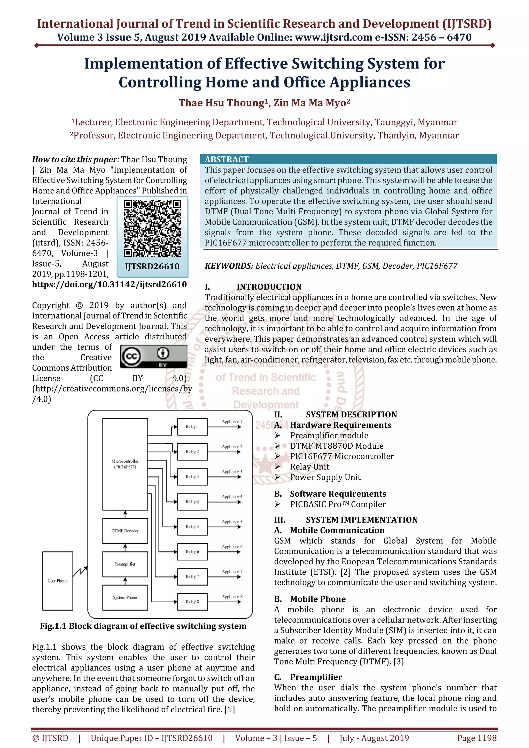 Implementation of Effective Switching System for Controlling Home and Office Appliances | PDF
