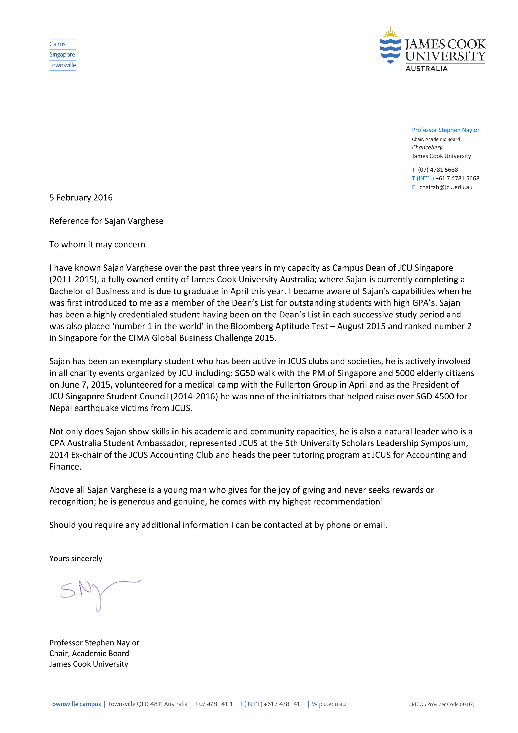 Reference Letter from Prof Naylor, Chairman of Academic Board, JCU | PDF