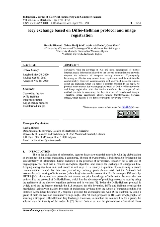 Key exchange based on Diffie-Hellman protocol and image registration | PDF | Information and ...