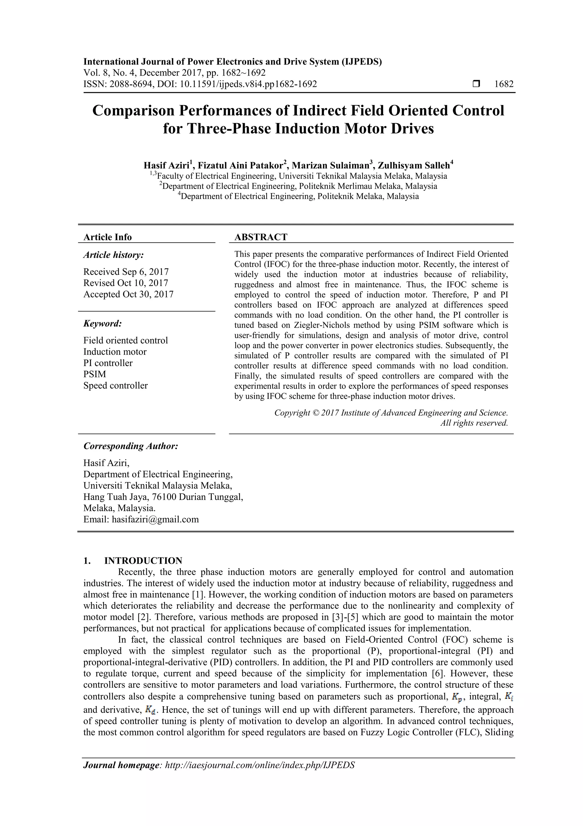Comparison Performances Of Indirect Field Oriented Control For Three Phase Induction Motor