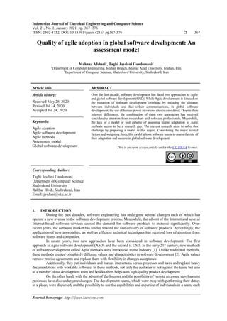 Quality of agile adoption in global software development: An assessment model | PDF | Computer ...