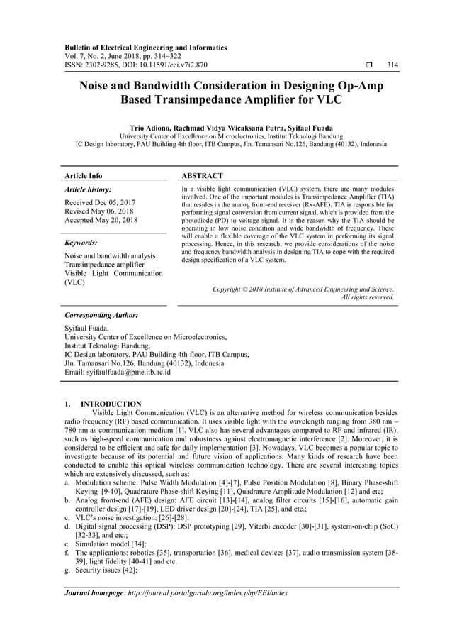 Noise and Bandwidth Consideration in Designing Op-Amp Based Transimpedance Amplifier for VLC | PDF